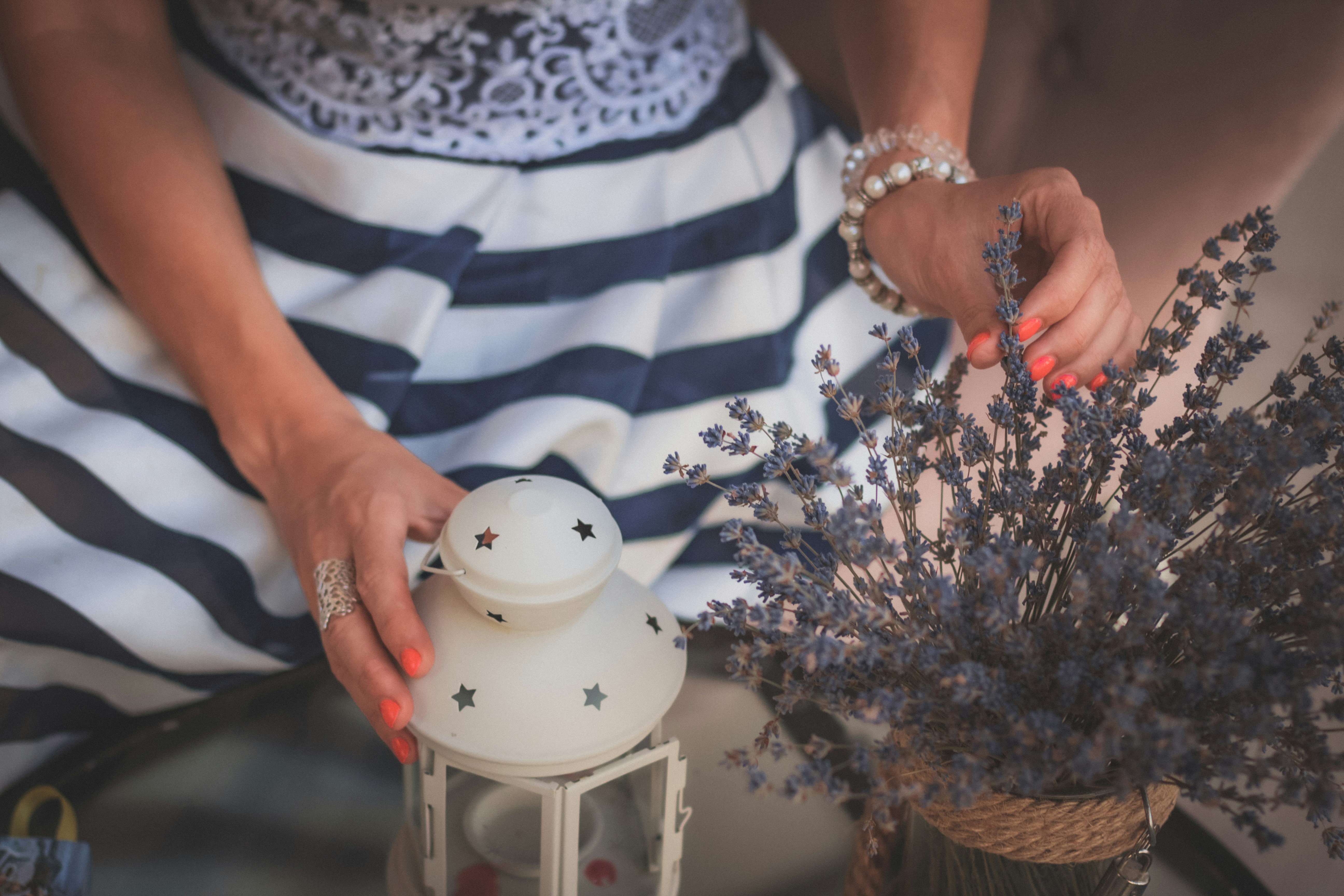 Lantern Glow Amid Lavender and Stripes