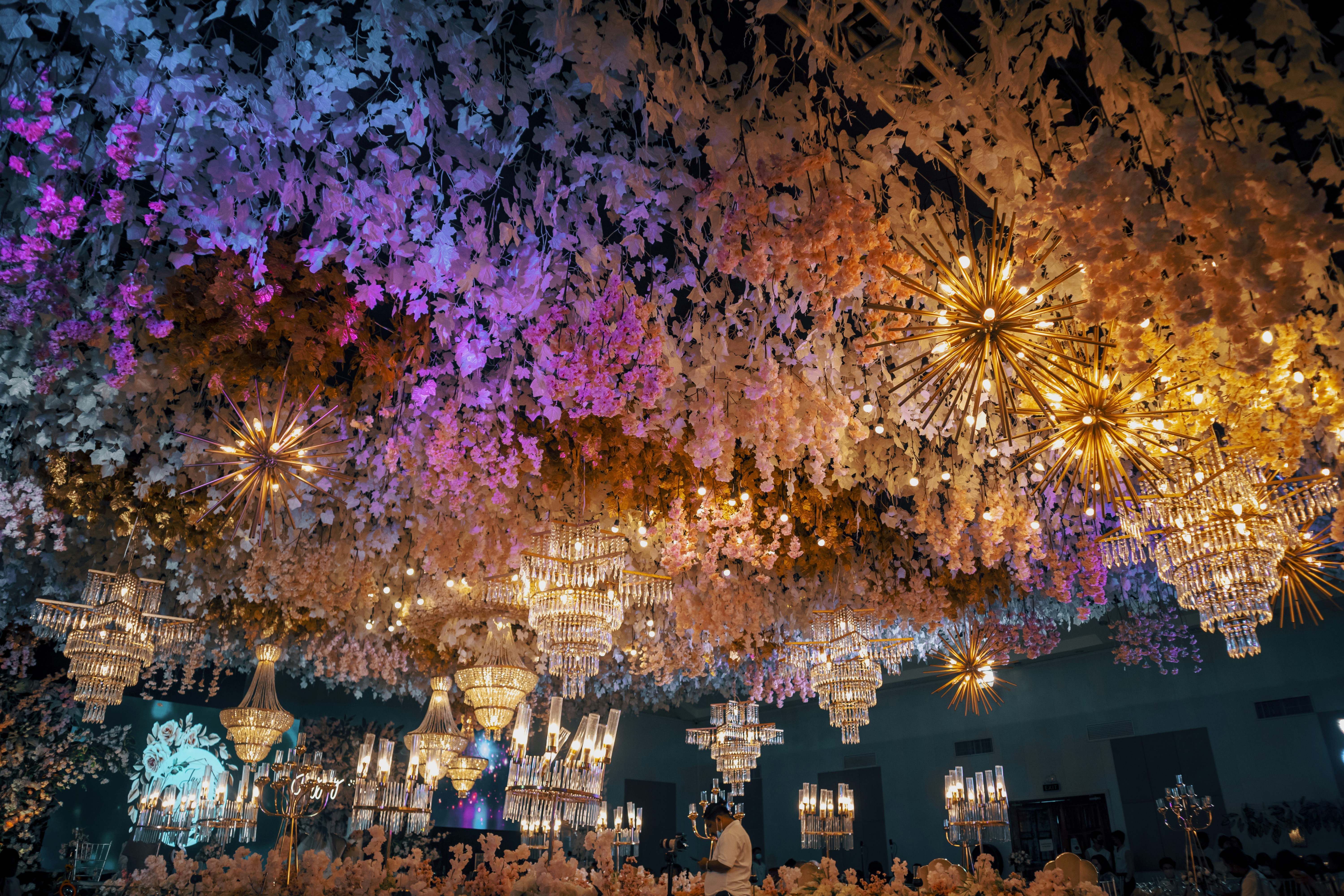 A canopy of luminous florals and chandeliers in a dreamy ballroom