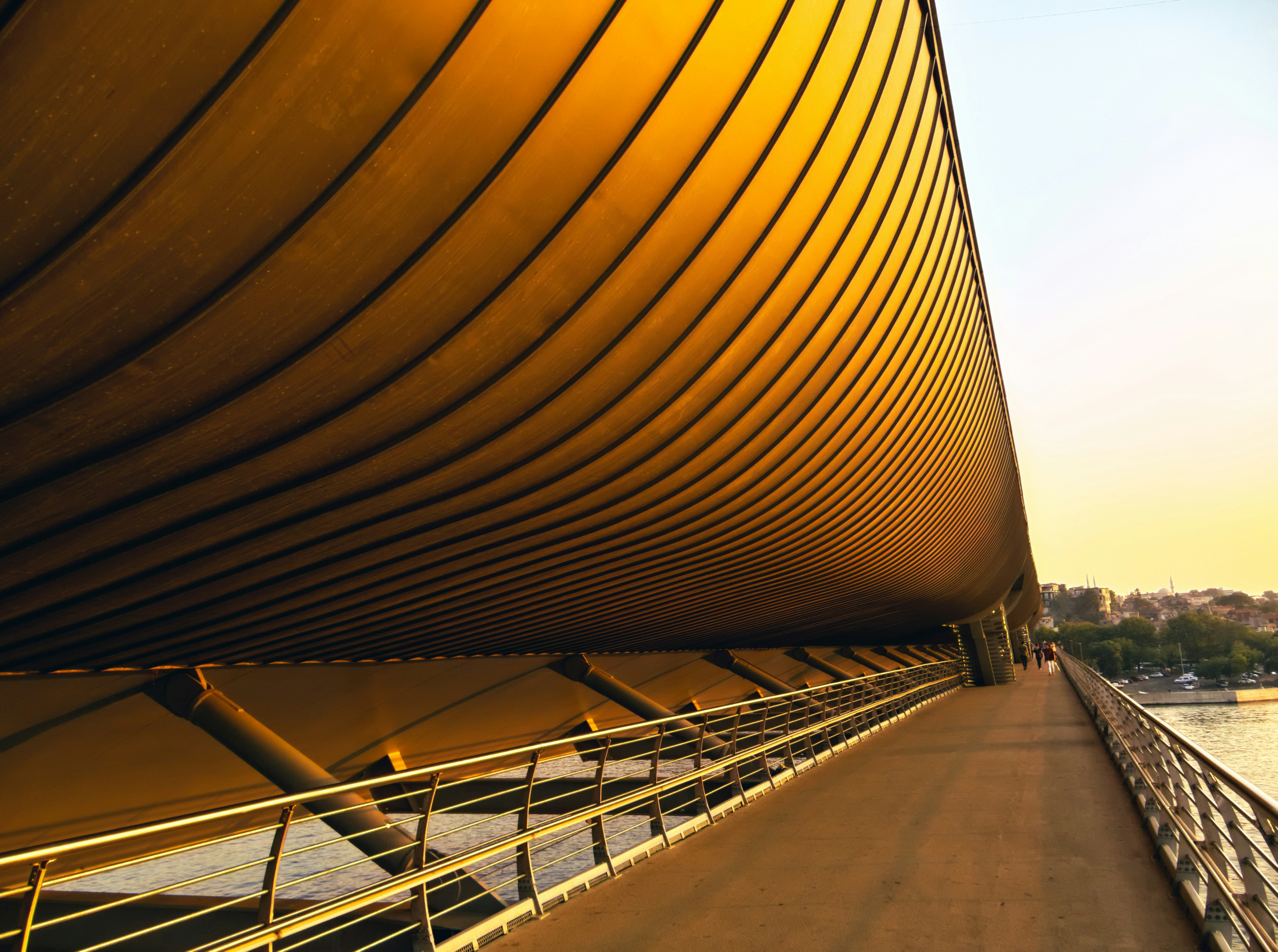 Architectural marvel showcasing a sweeping, golden canopy over a serene walkway by the water. The structure's fluid lines create a dynamic visual experience.