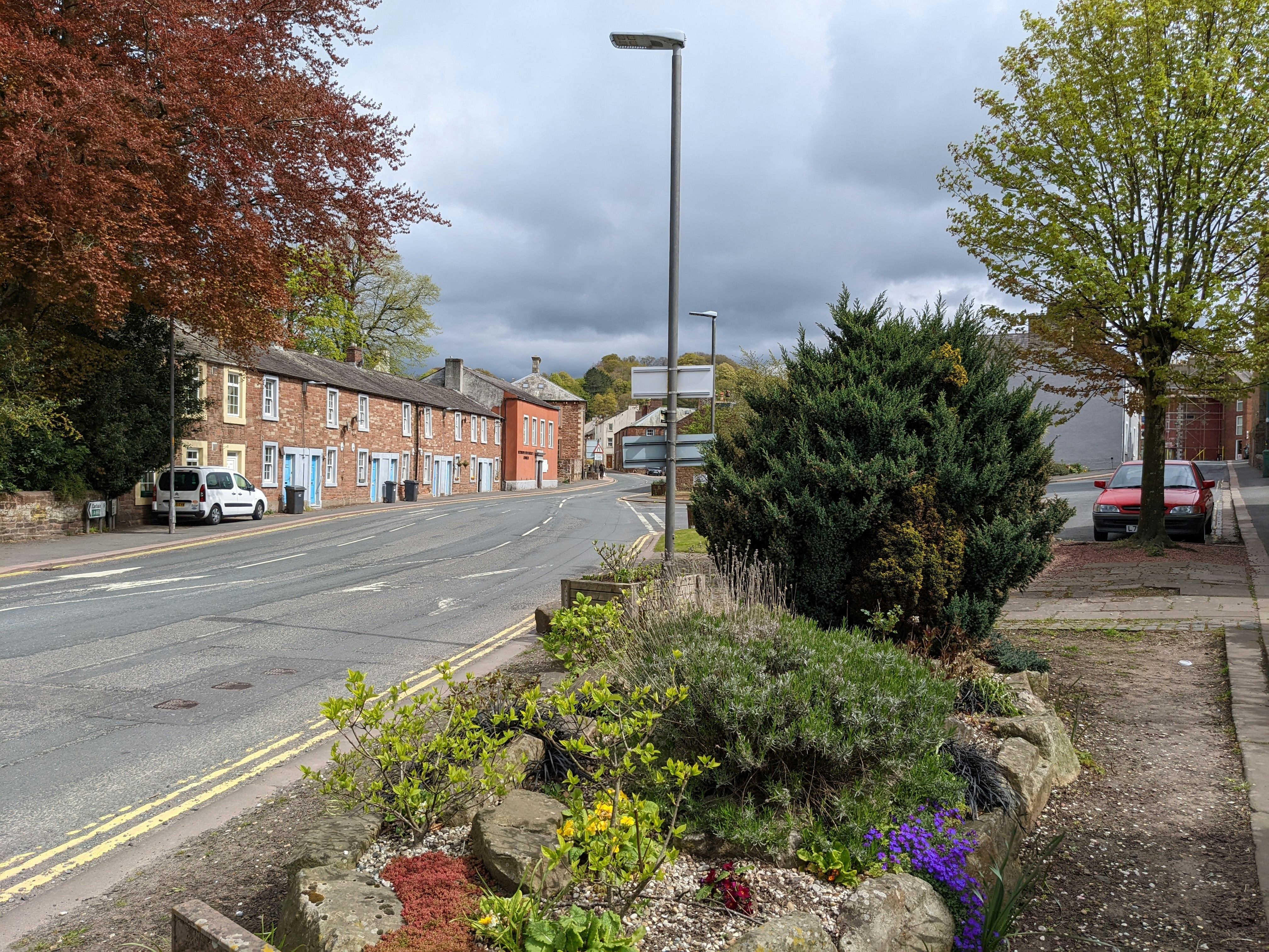Small town street with vibrant greenery under a cloudy sky.