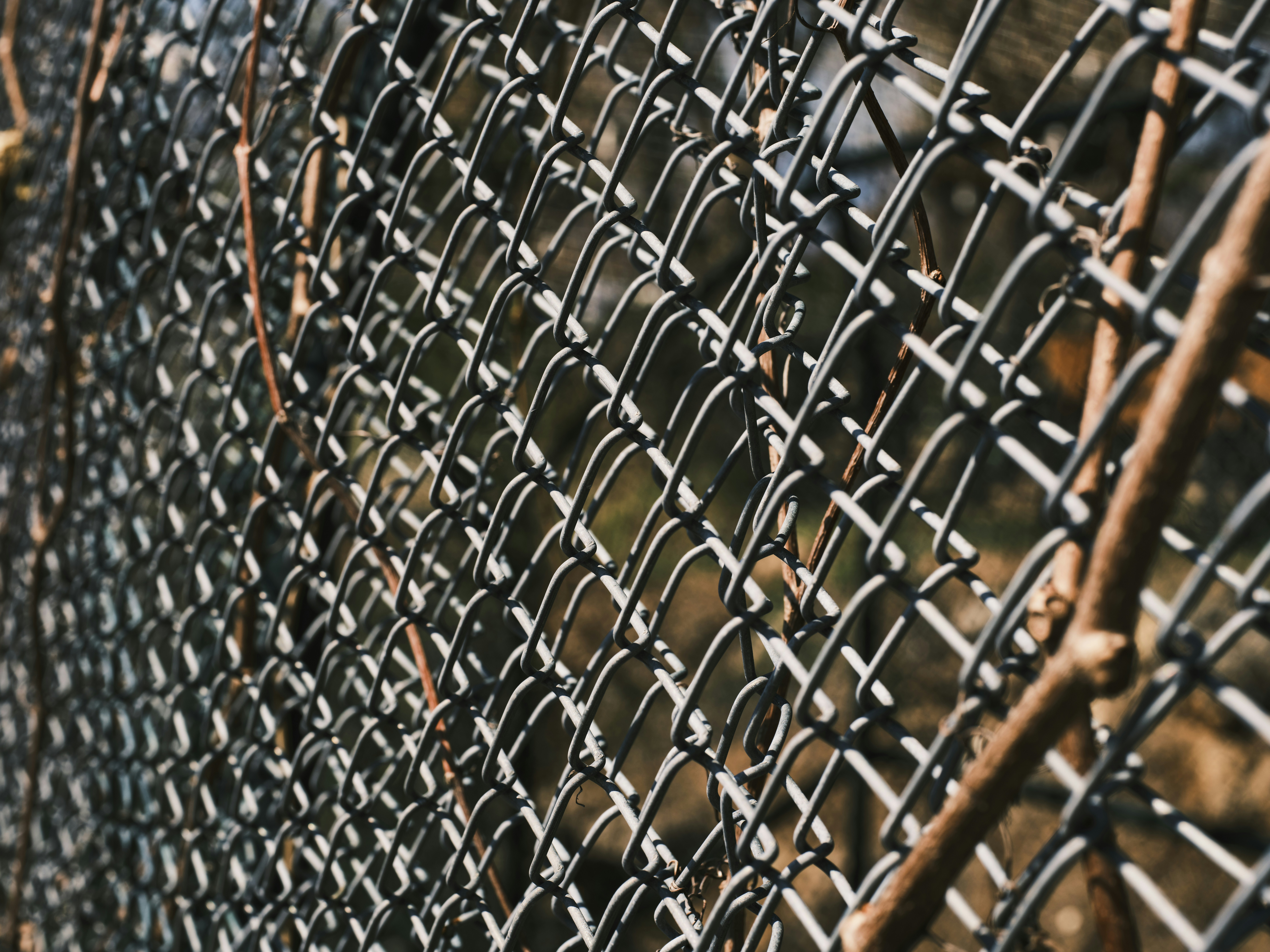 Close-up of a chain-link fence with rusted wire, highlighting the intricate patterns and textures created by the interwoven metal. The scene captures a moment of urban decay.