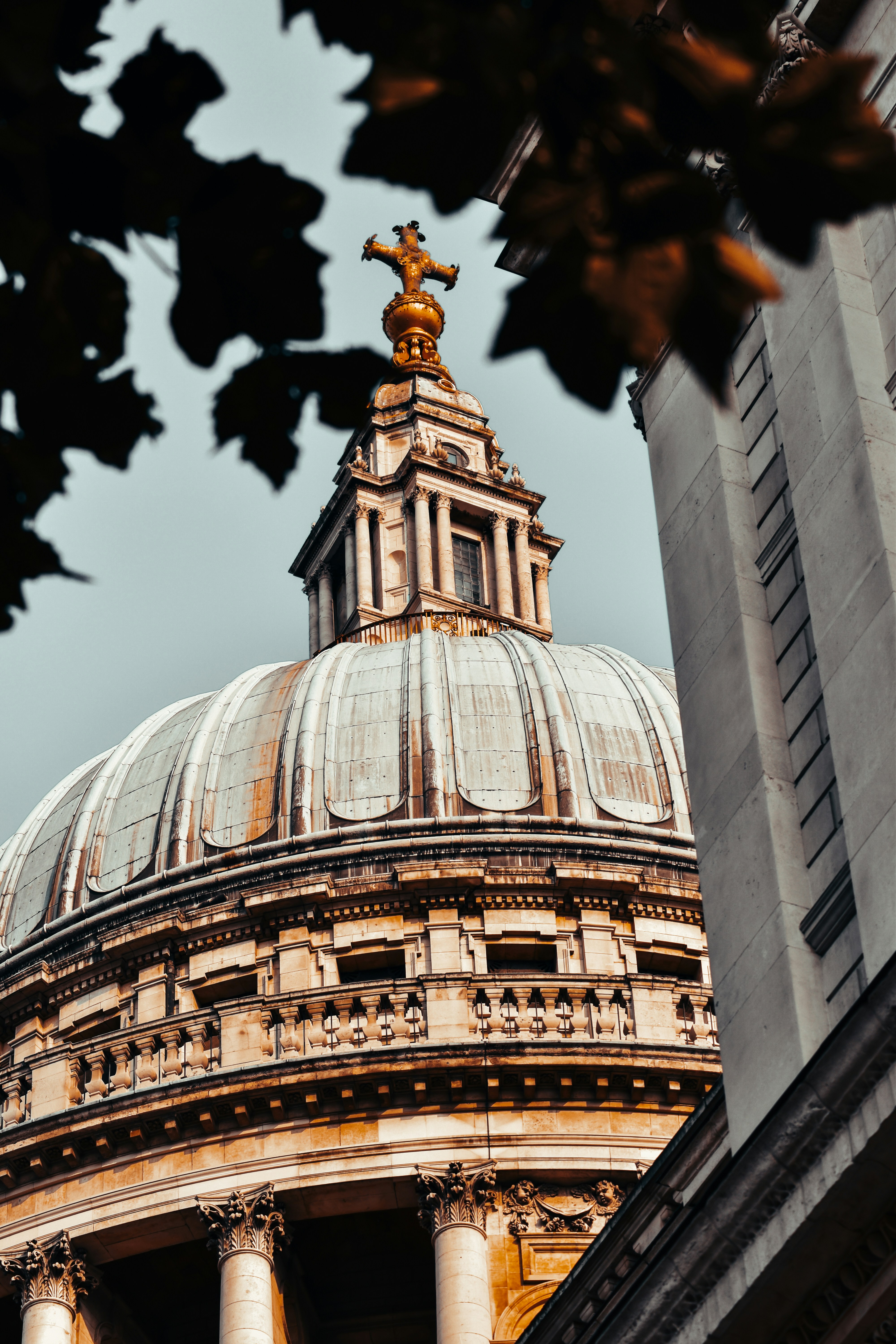 The intricate dome of a historic building, adorned with a gilded statue atop, framed by lush foliage. A glimpse into architectural elegance.