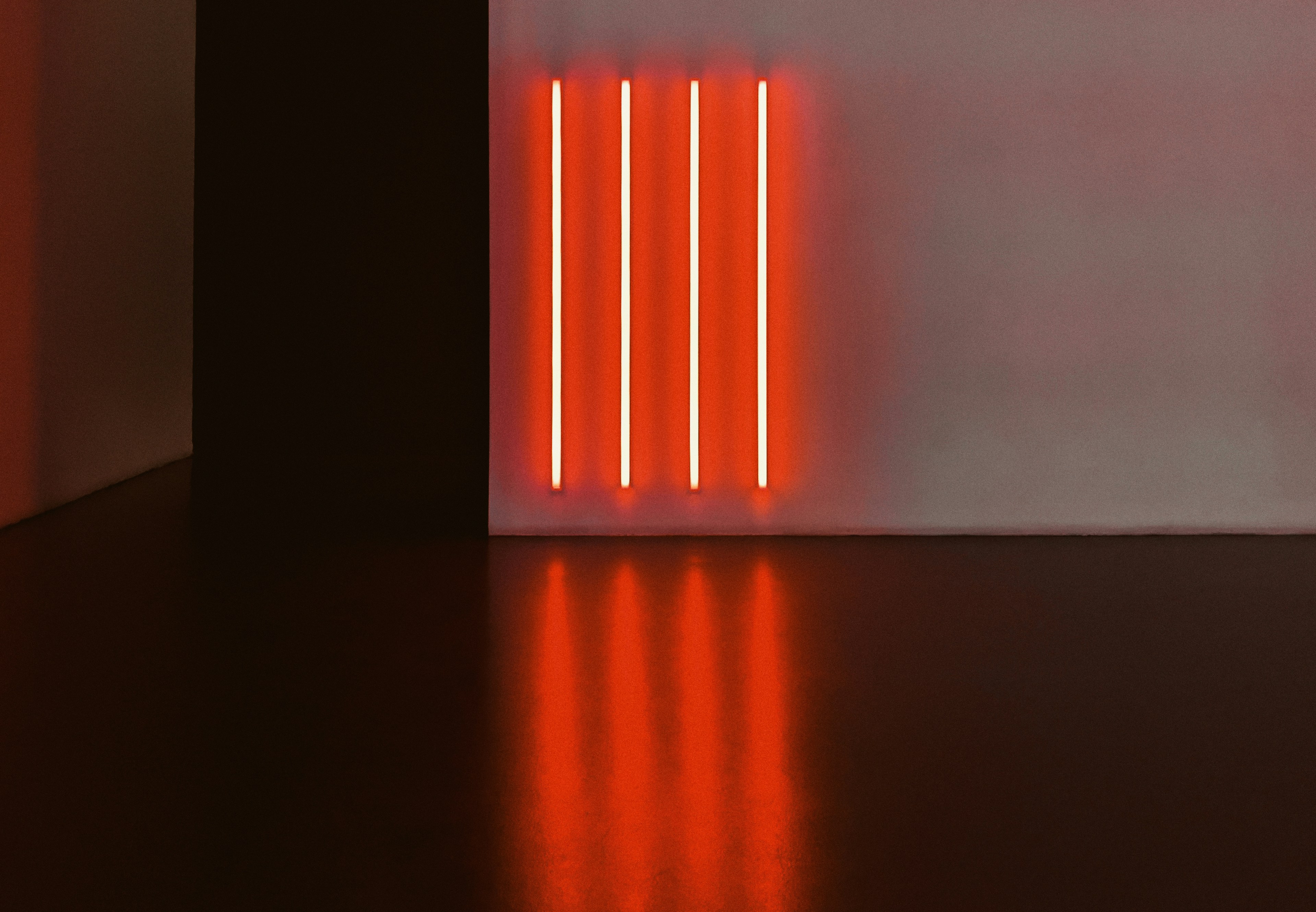 Four vertical neon red lights casting reflections on a dark floor in a minimalist space.