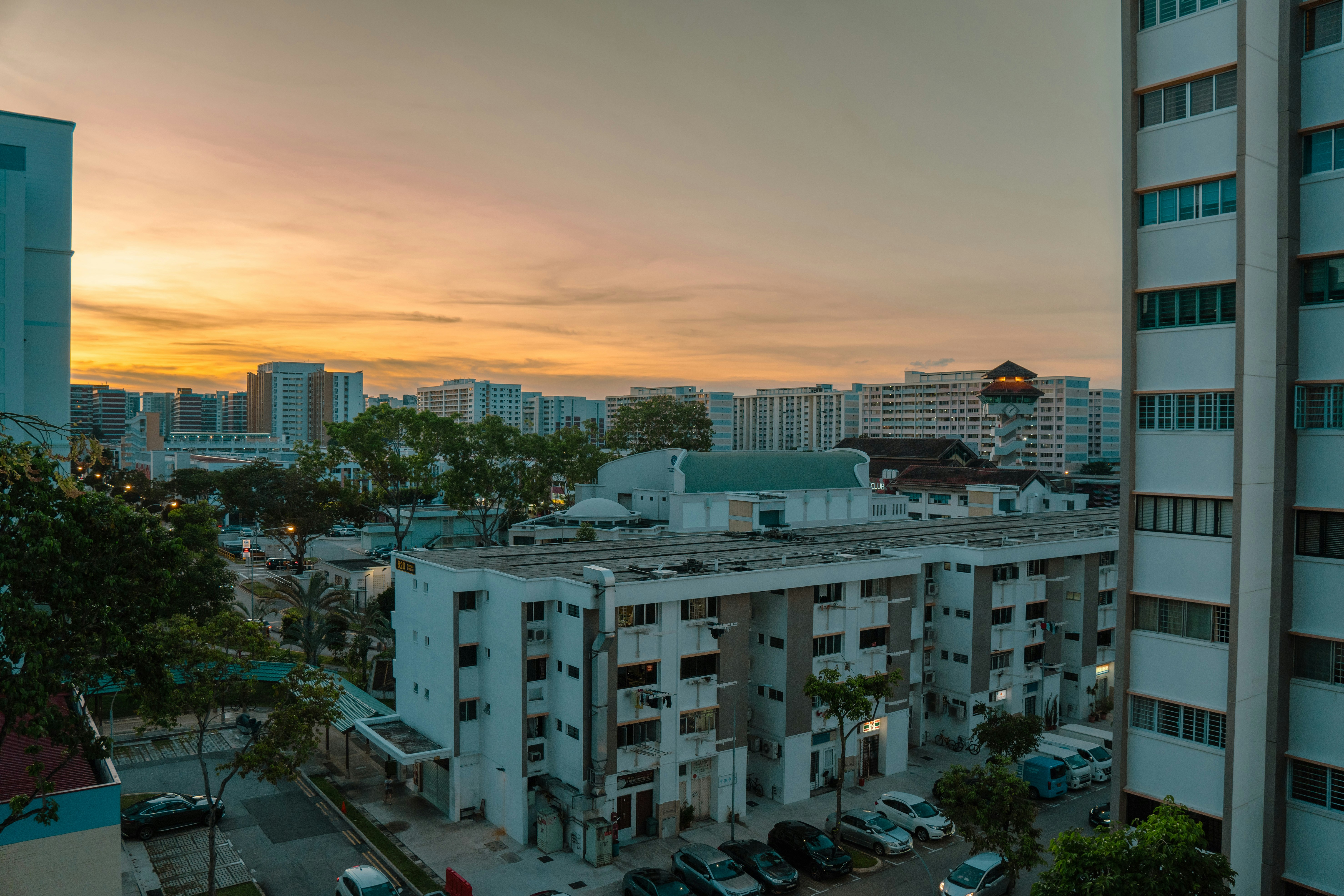 Sunset over a grid of white apartments and palm-lined streets