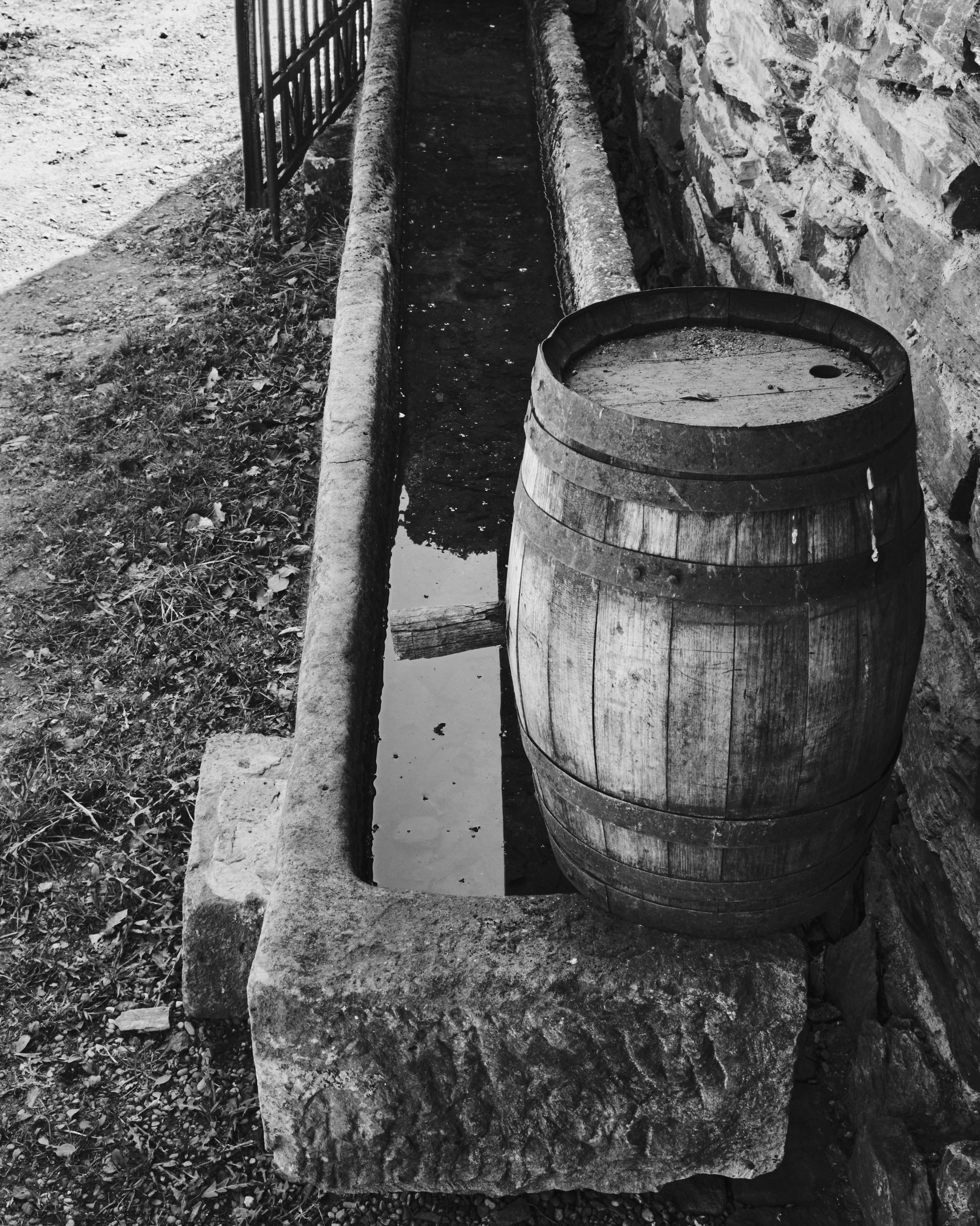 Weathered wooden barrel beside a narrow stone trough reflecting the surrounding environment.