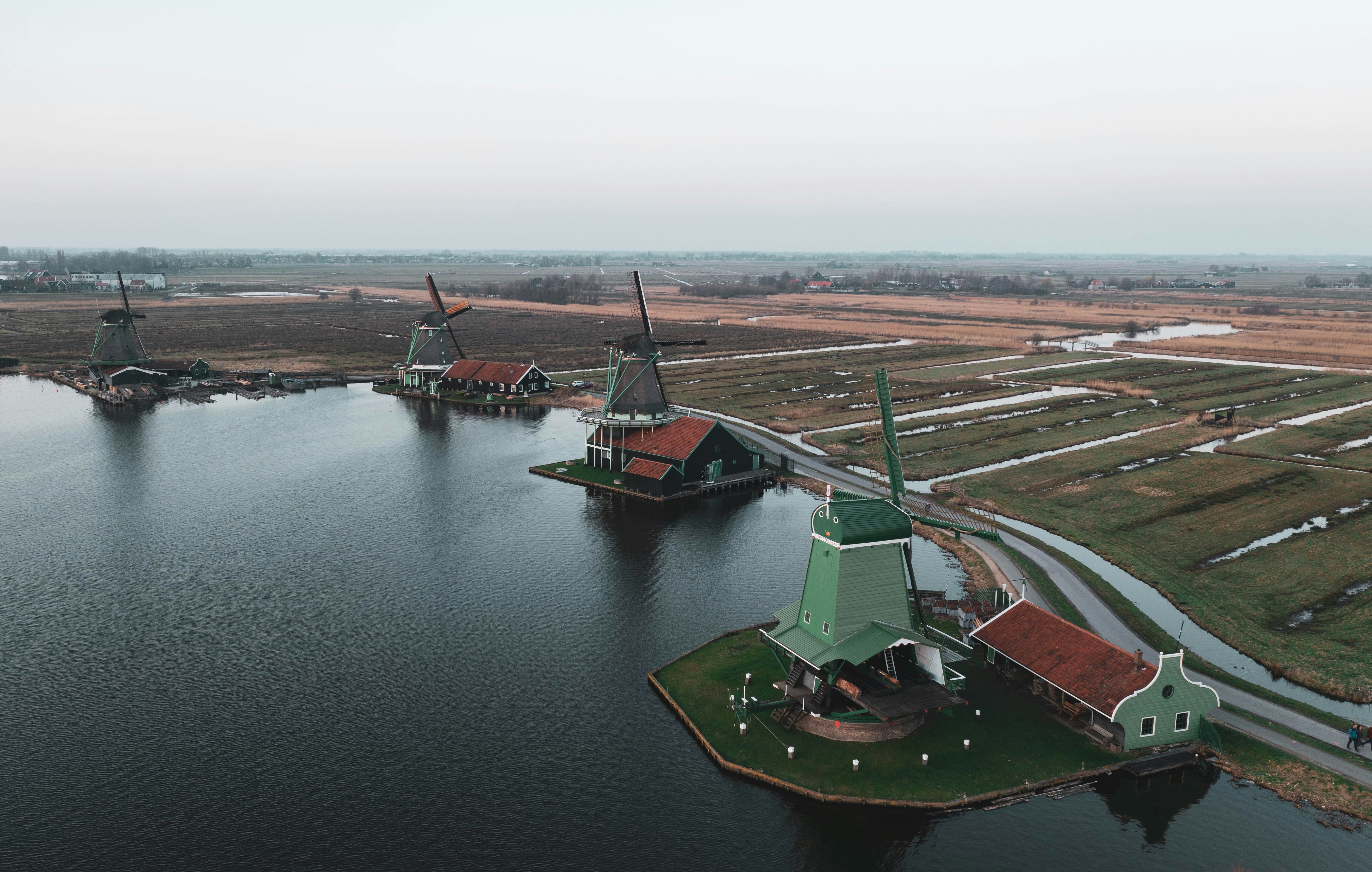 Green Windmills Fringing a Quiet Lake: An Aerial Portrait of a Waterbound Windmill Cluster
