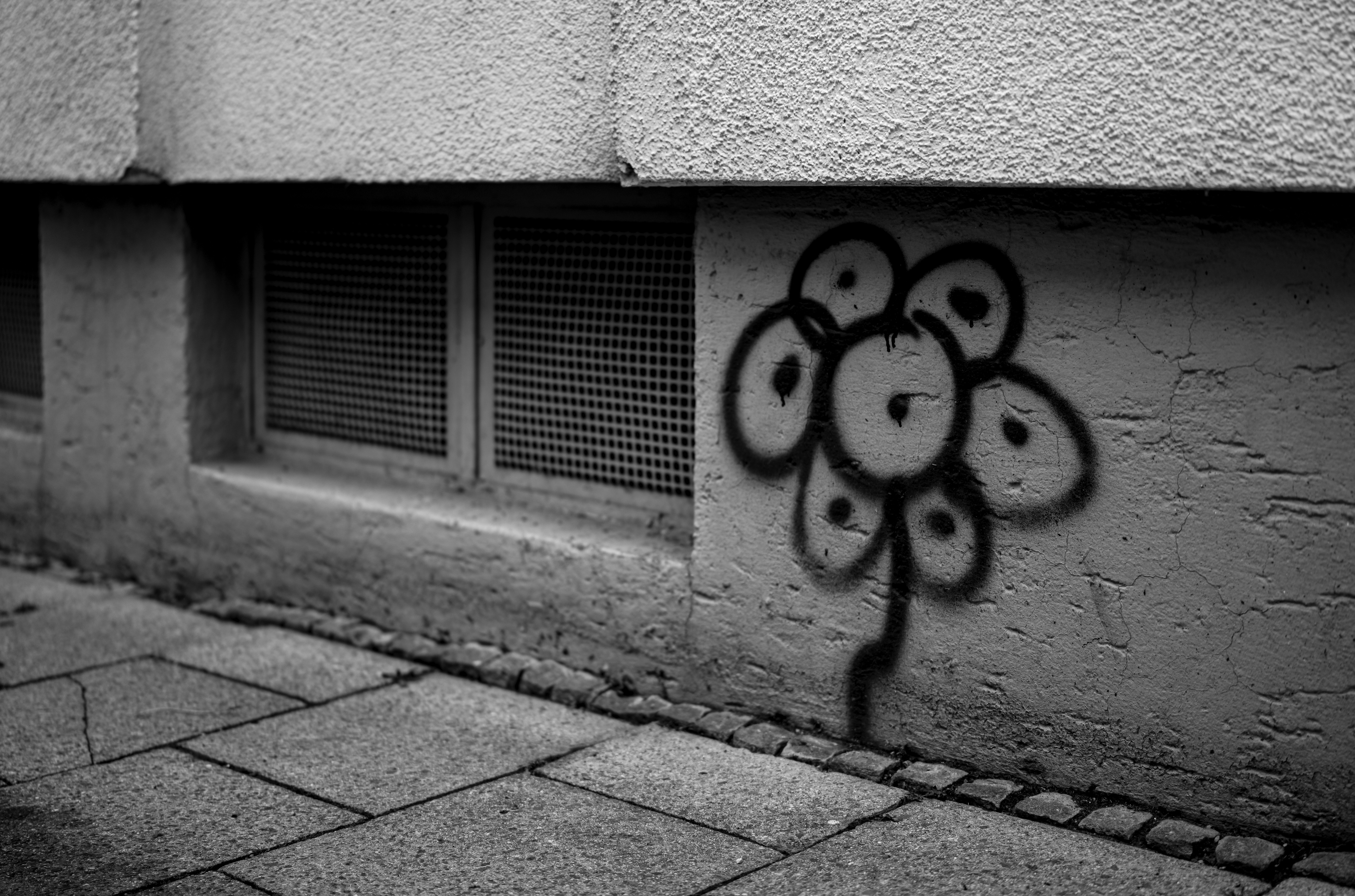 Black and white graffiti depicting a stylized flower on a textured wall near a pavement. The artwork contrasts sharply with the surrounding urban environment.
