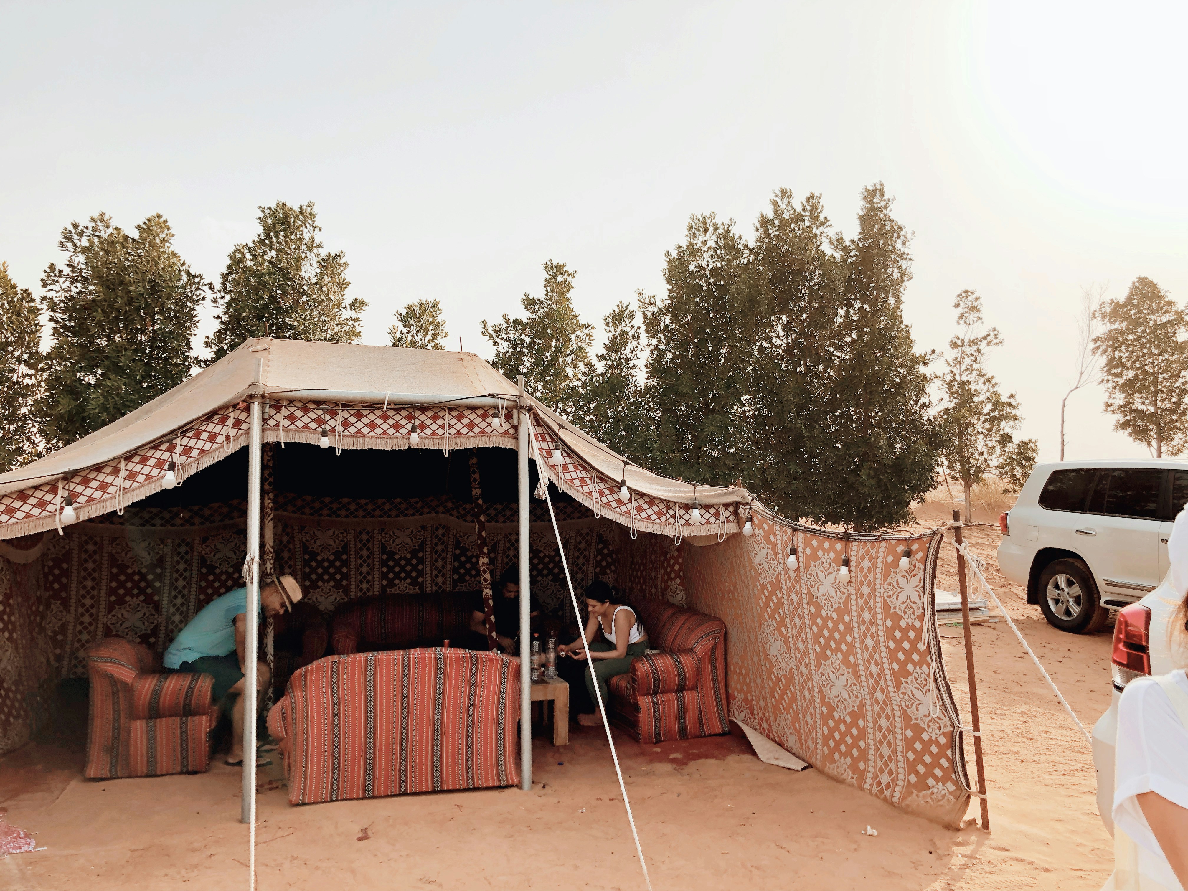 Traditional tent setup in a desert landscape, featuring patterned furnishings and greenery in the background.