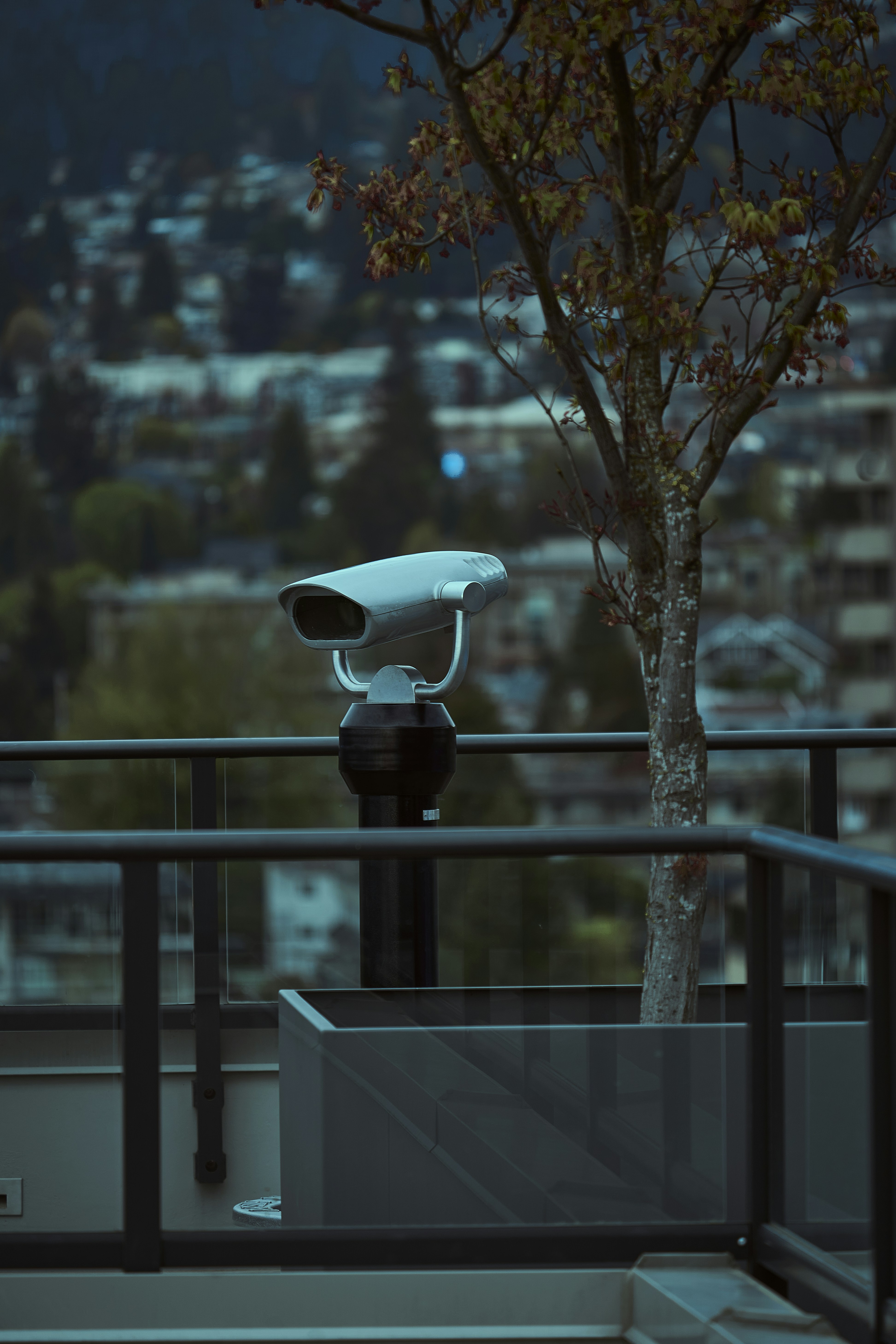 Rooftop Lookout Telescope Over a Dusk-Softened City