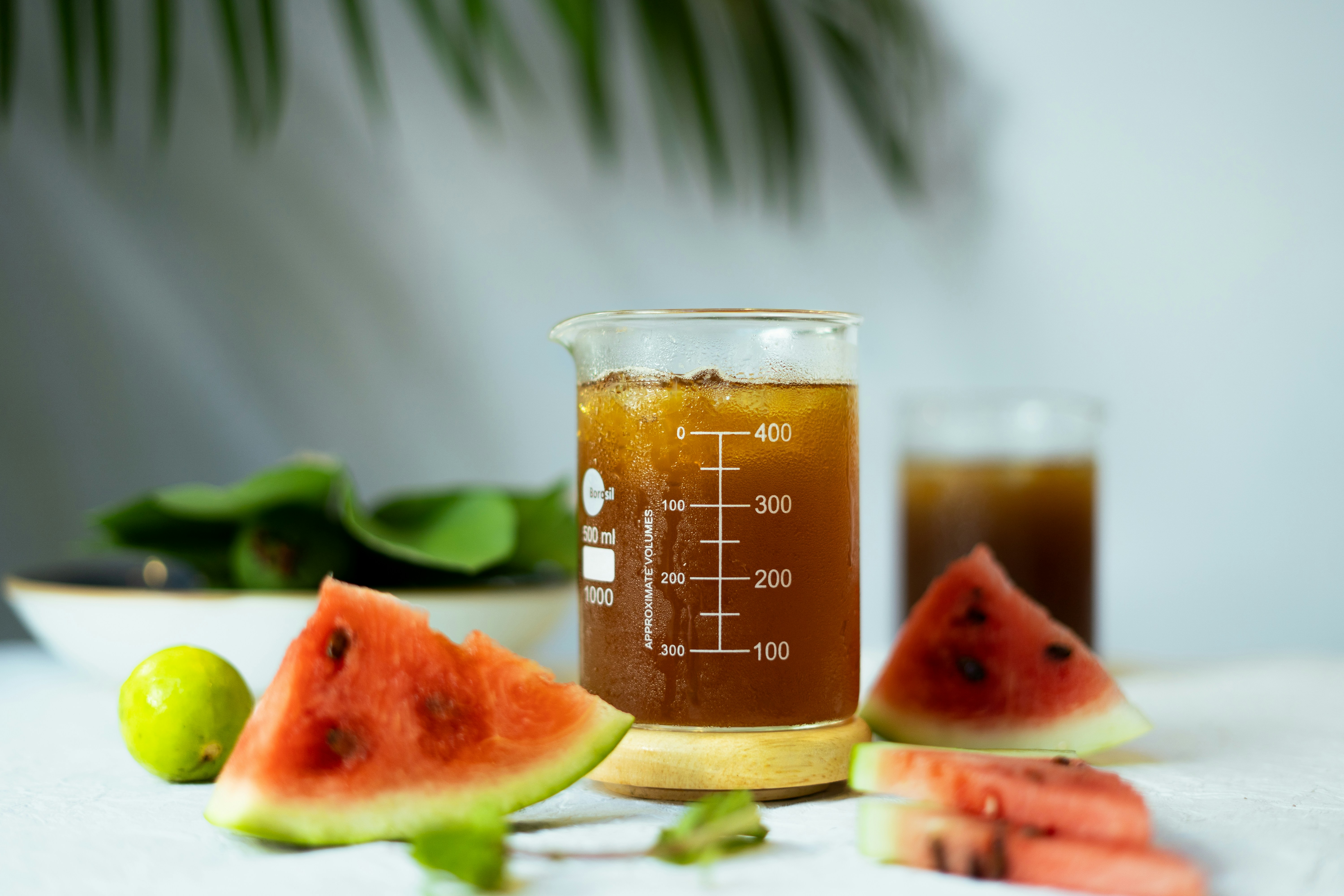 Beaker filled with a dark beverage surrounded by fresh watermelon slices and lime, set against a soft backdrop. A glass of the same drink is visible in the background.