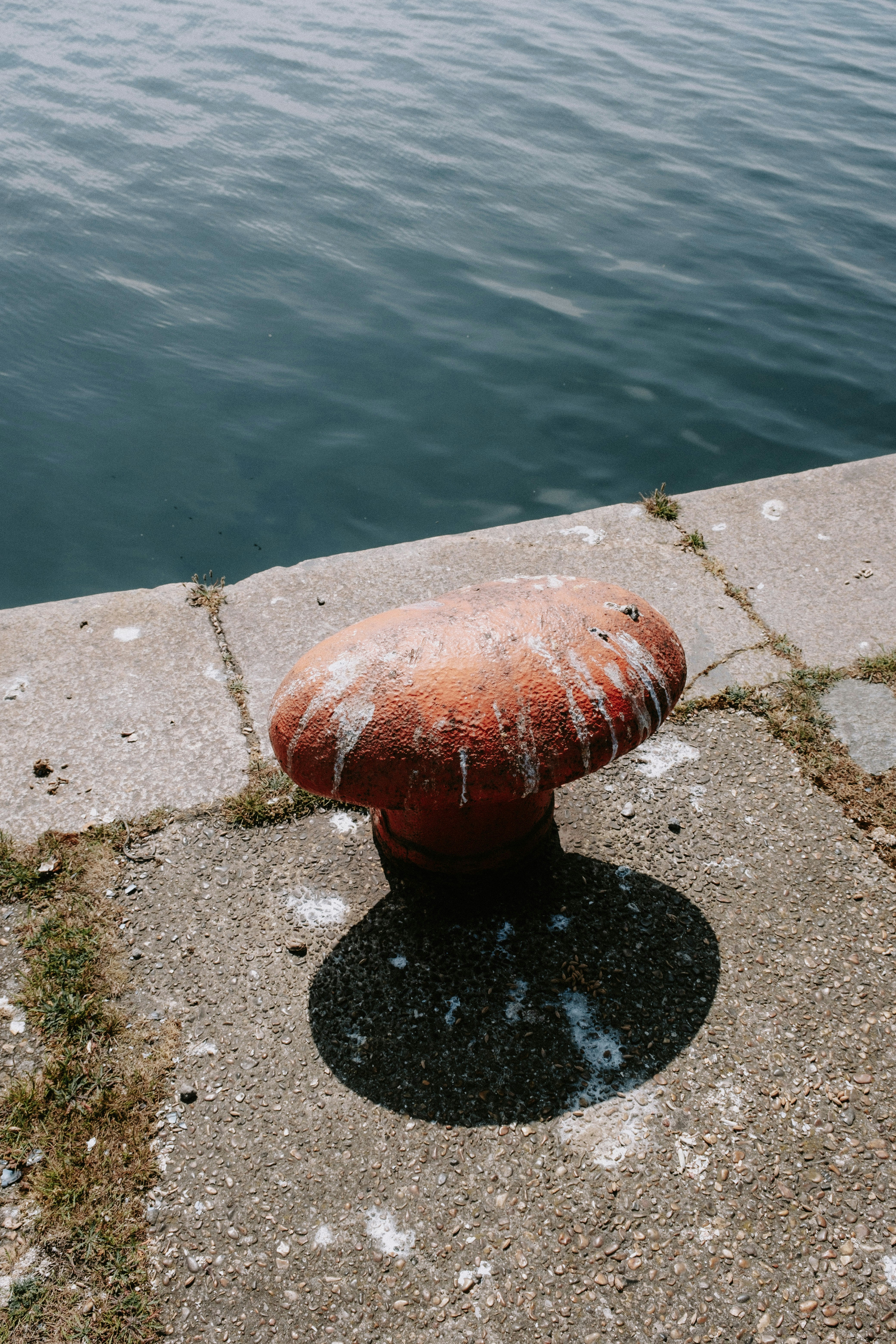 Red-capped mooring sentinel: a weathered fungus-like bollard at the water’s edge