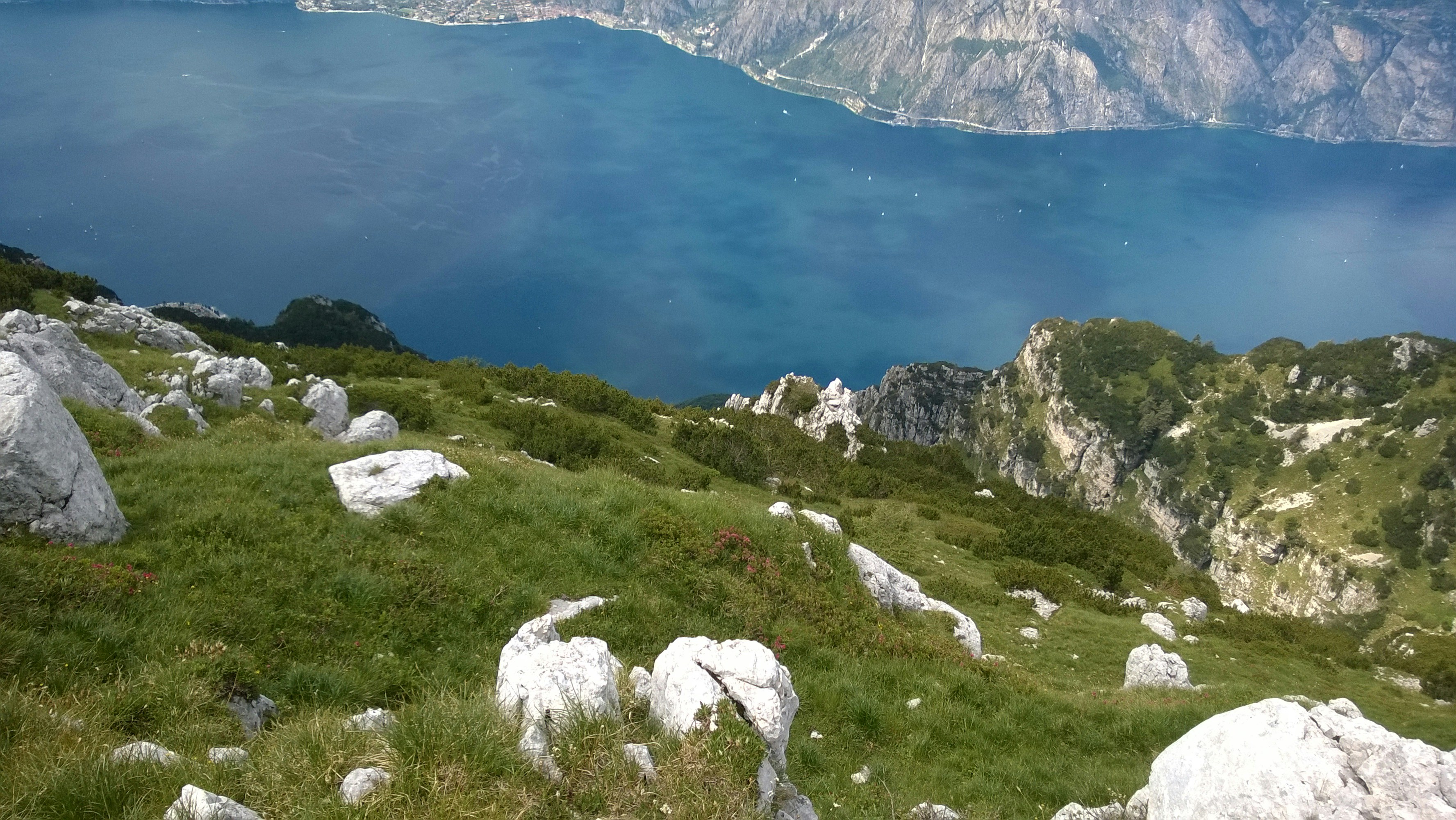 Grassy hill with scattered rocks overlooking a tranquil blue lake.