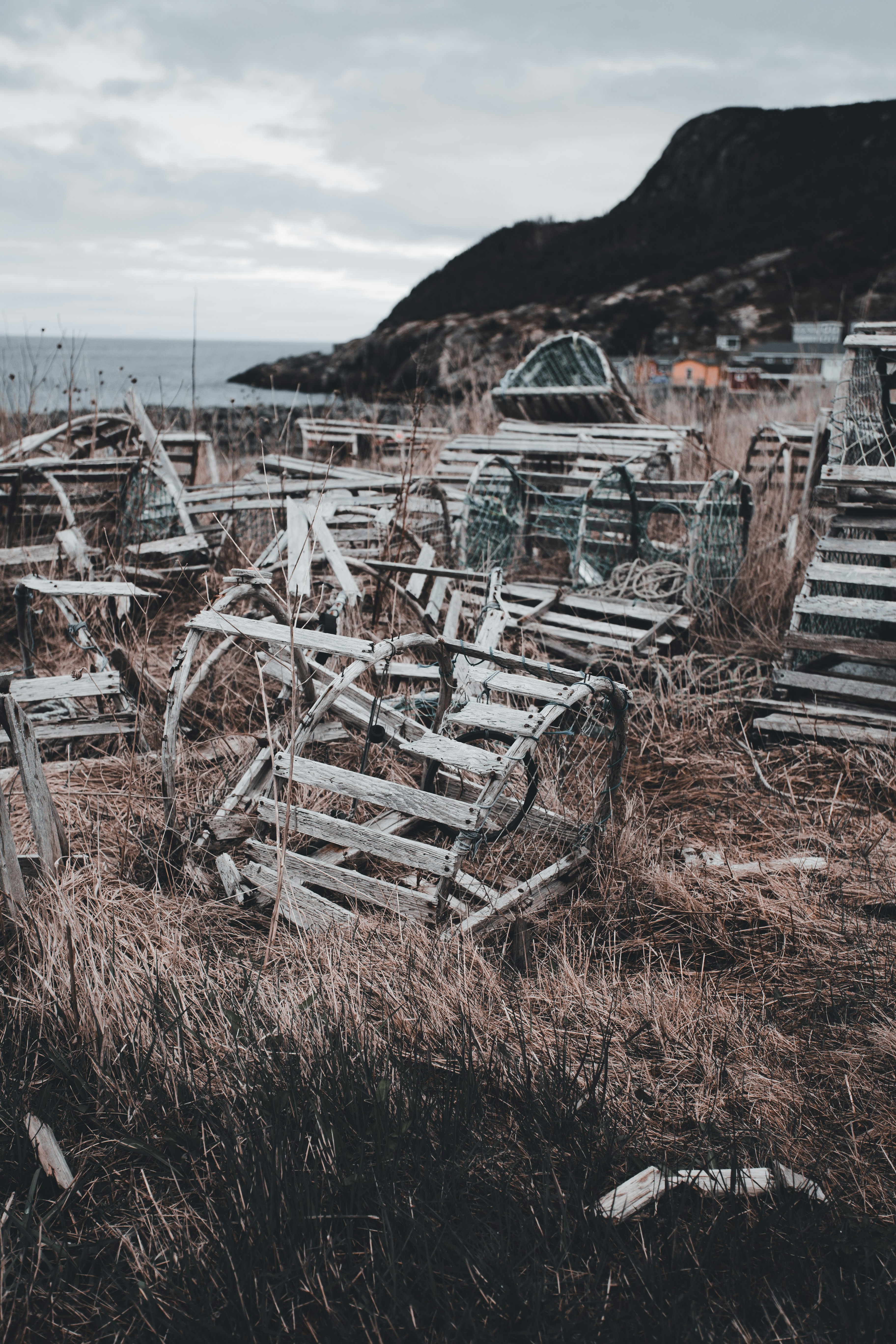 Weathered Maritime Waste: A Sea of Driftwood Chairs Beside the Cliff