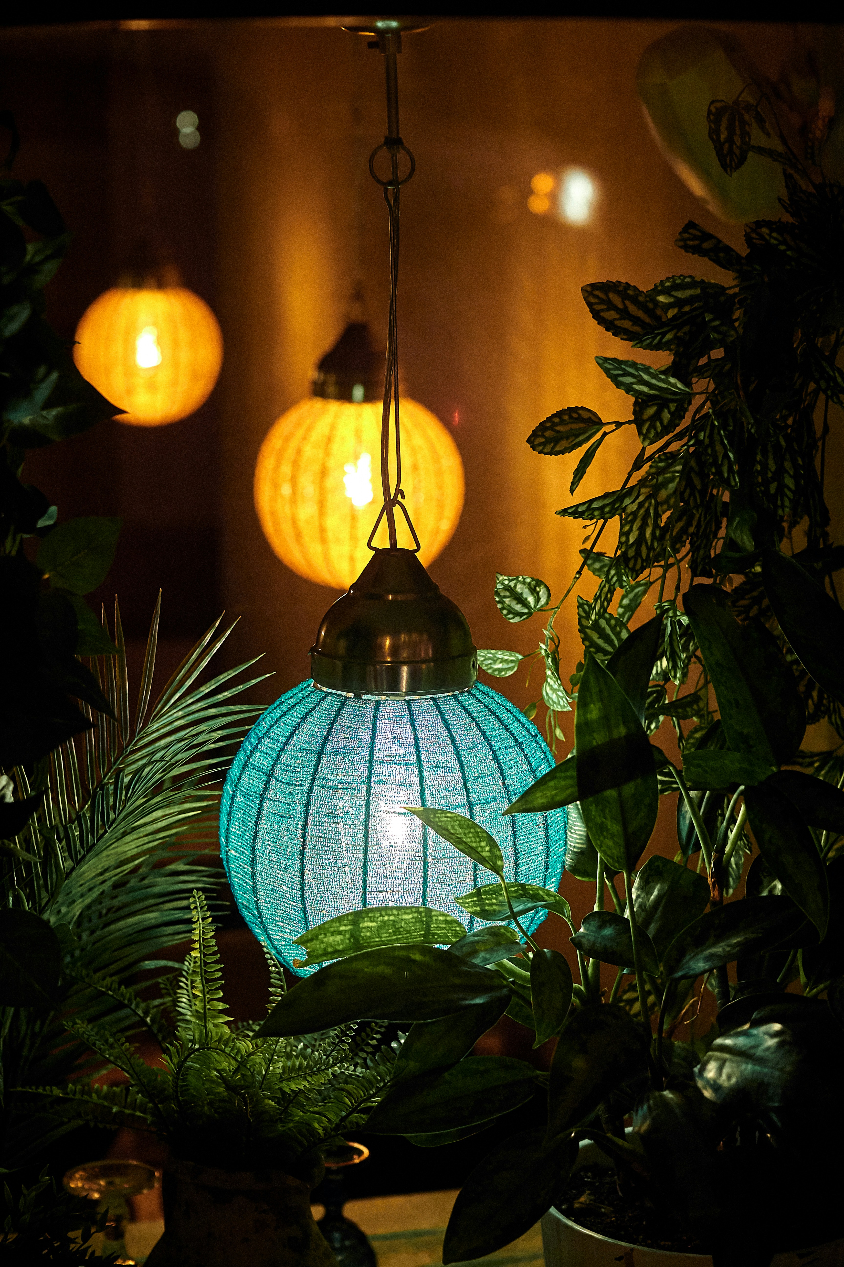 A turquoise lantern glows softly amidst lush green plants, creating a tranquil atmosphere. Warm orbs of light shimmer in the background.