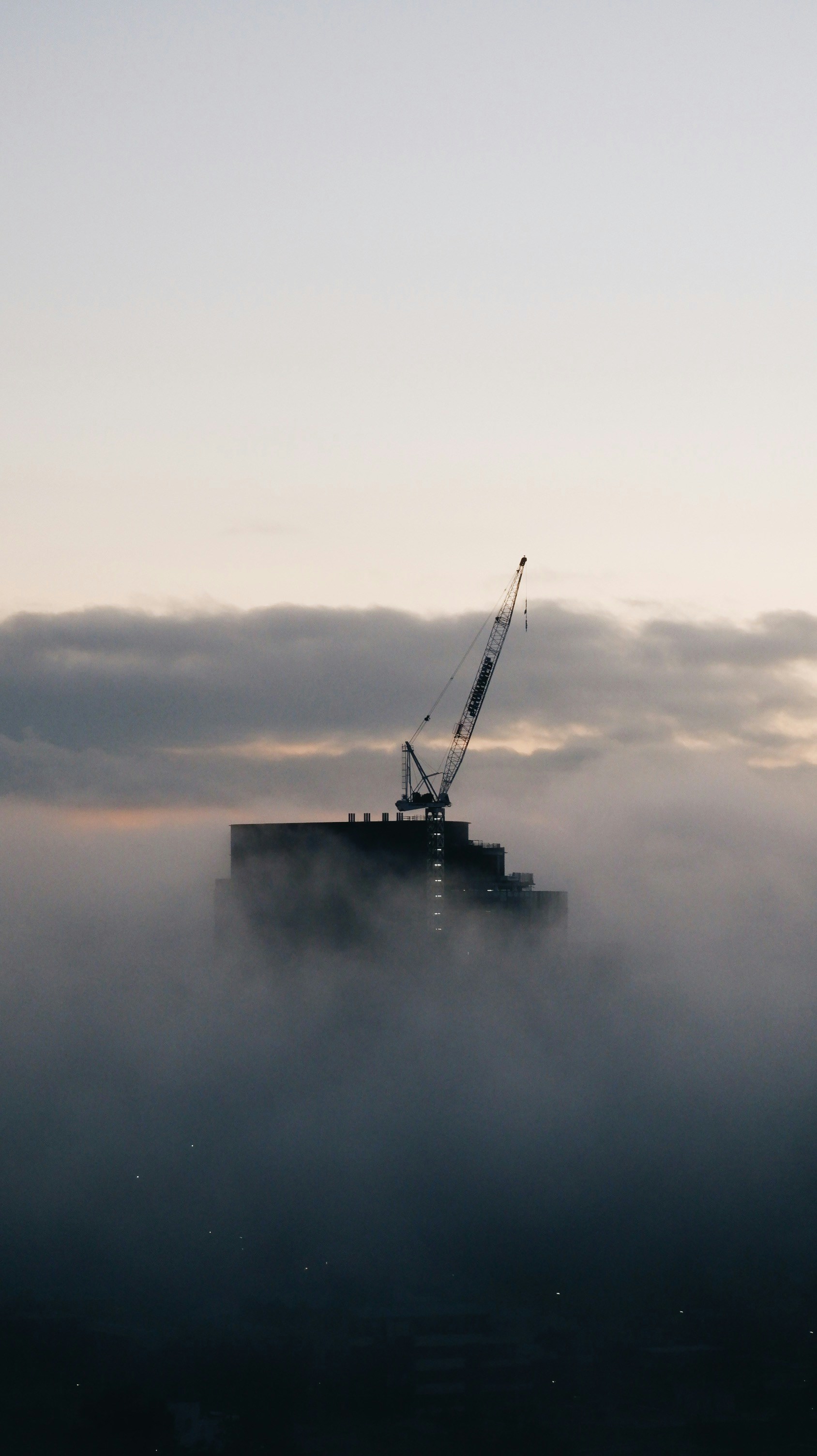 Fog-Crowned Crane: A Dawn Silhouette Above the City