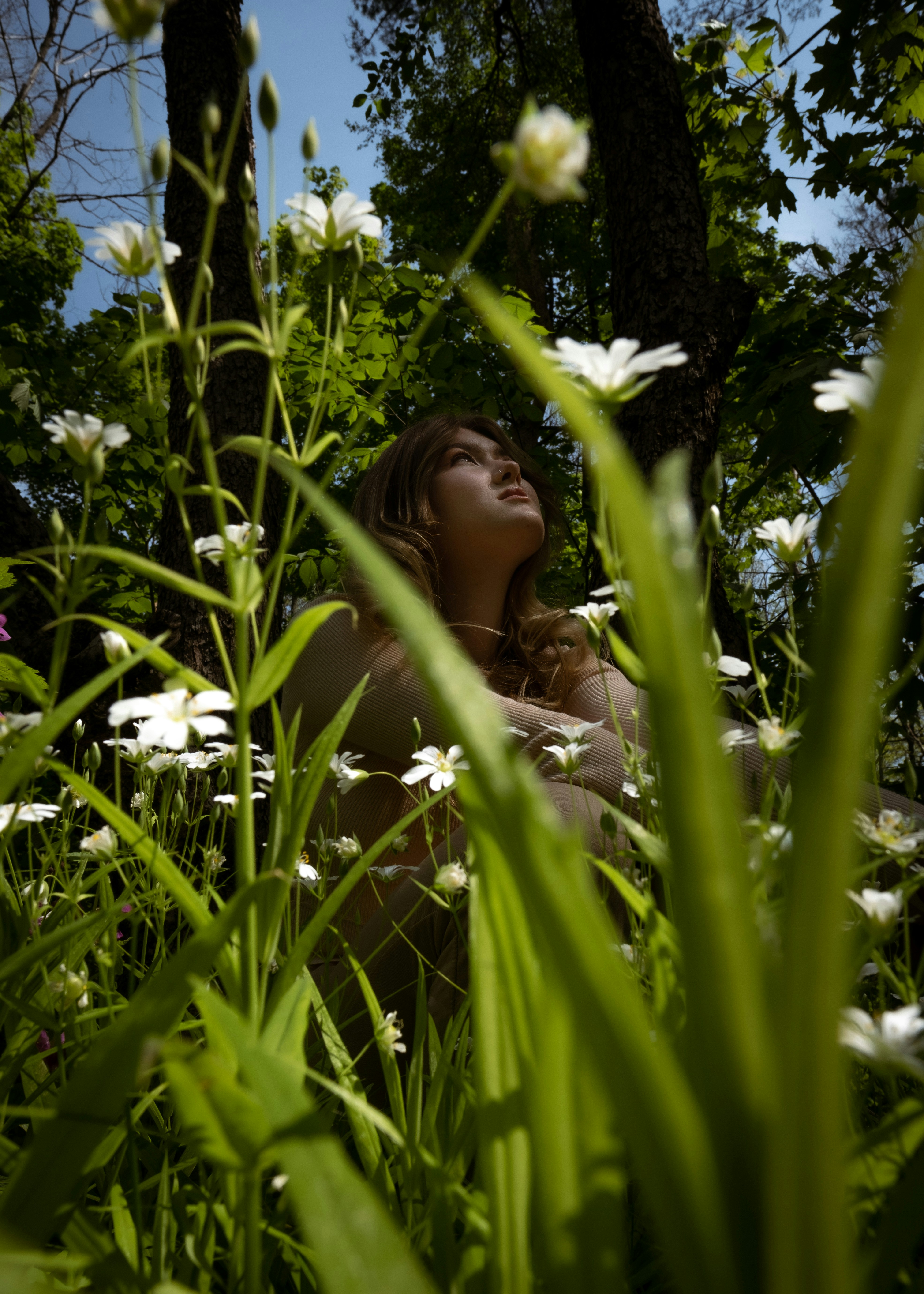 A serene figure rests among vibrant wildflowers, framed by lush greenery in a sunlit forest. The interplay of light and shadow creates a tranquil atmosphere.