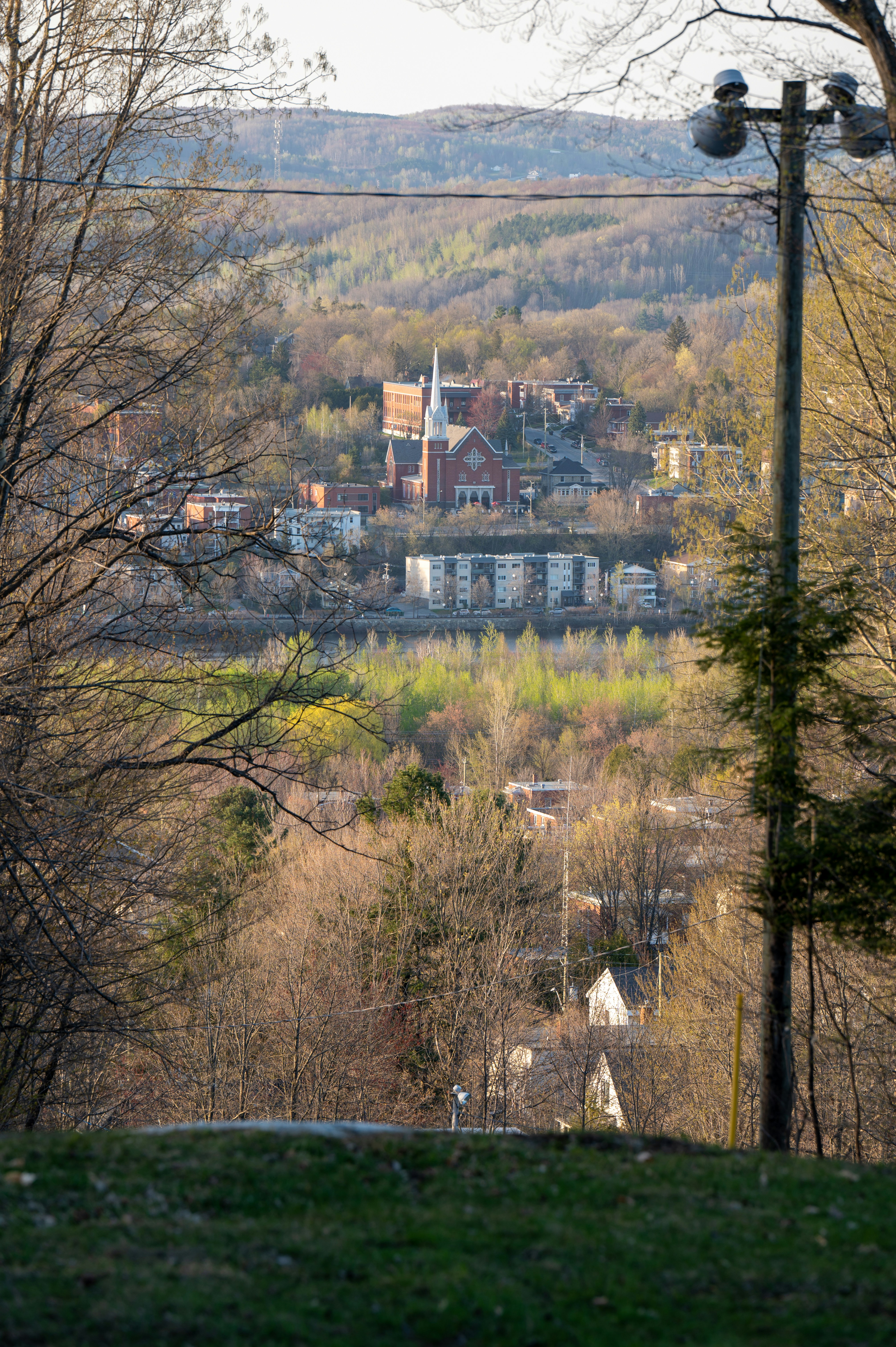 View of a quaint town nestled among trees, featuring a prominent church steeple and residential buildings in the background. Early spring foliage adds a touch of color to the scene.