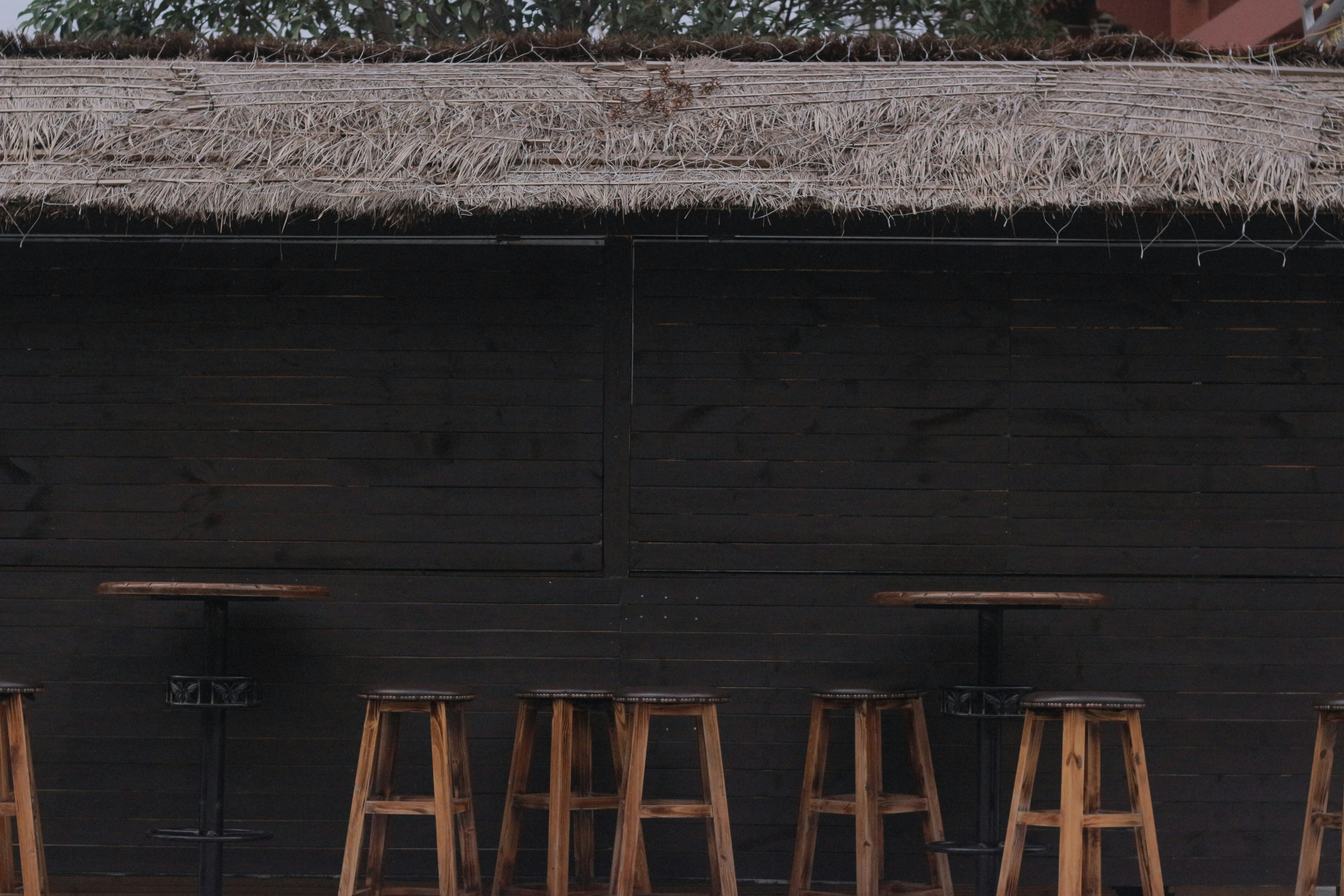 Wooden stools line an empty bar counter with a thatched roof.