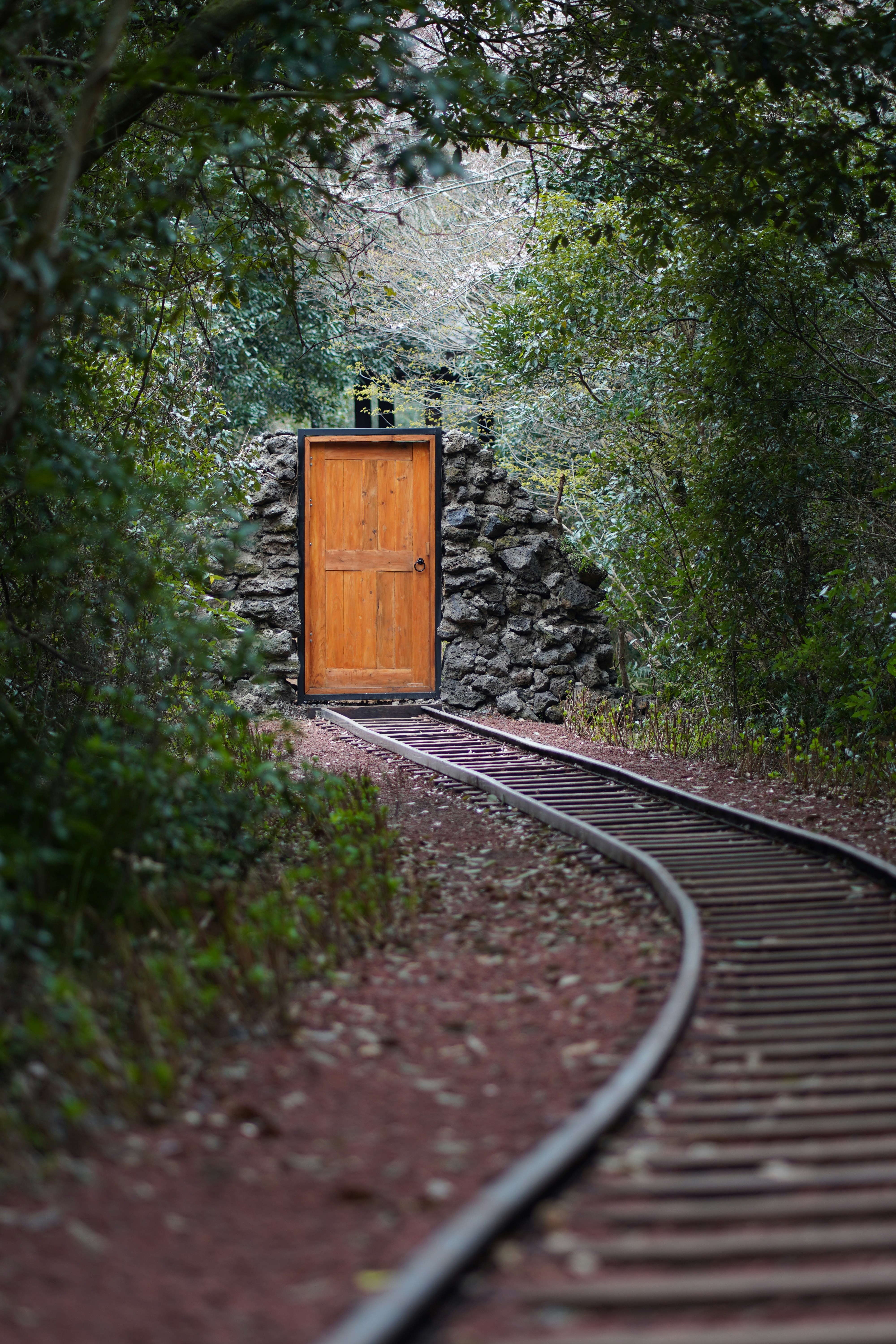 A wooden door embedded in a stone wall stands at the end of a winding railway track, surrounded by lush greenery.