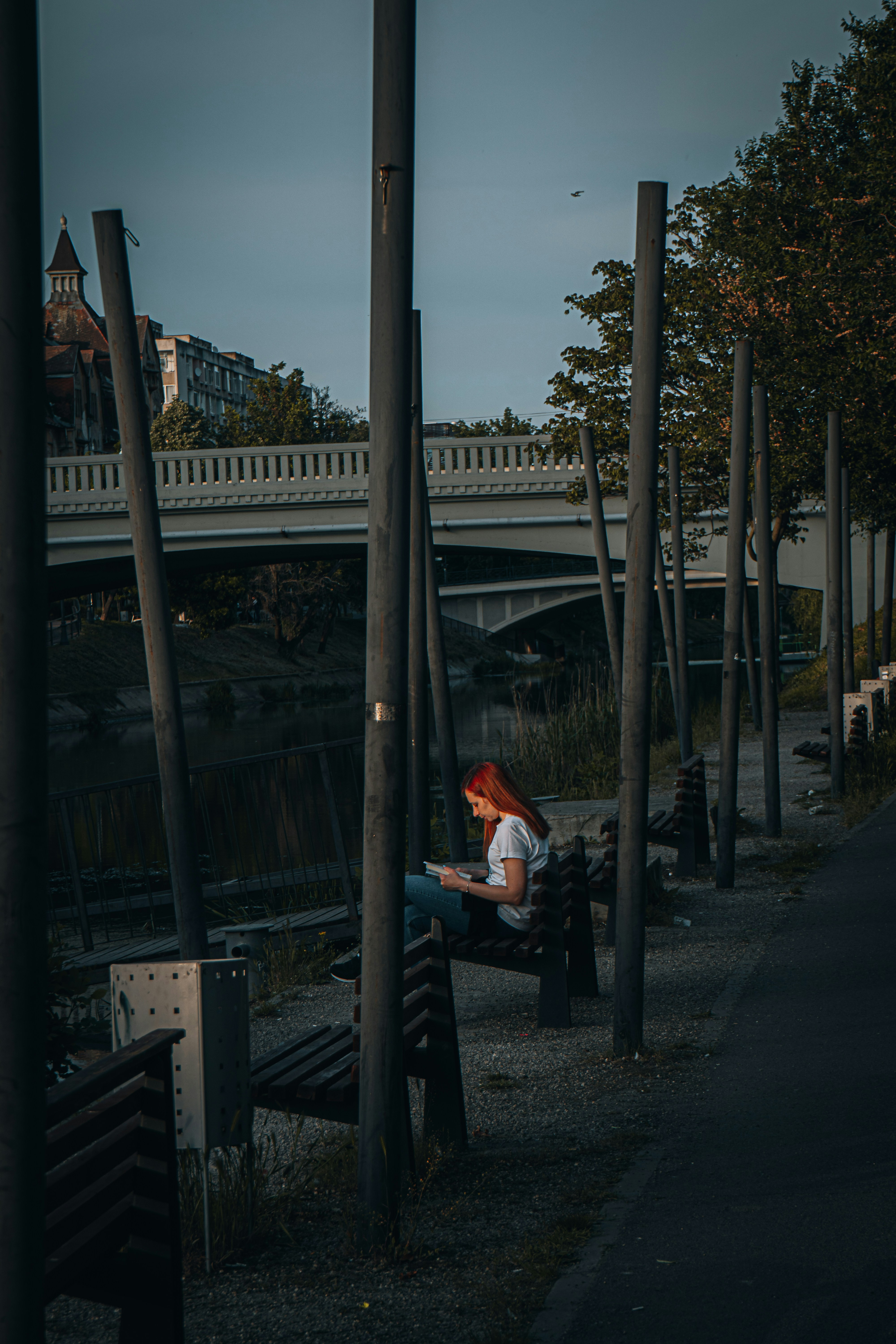 Red-Haired Reader by the Riverside: Vertical Poles Framing a Quiet Moment