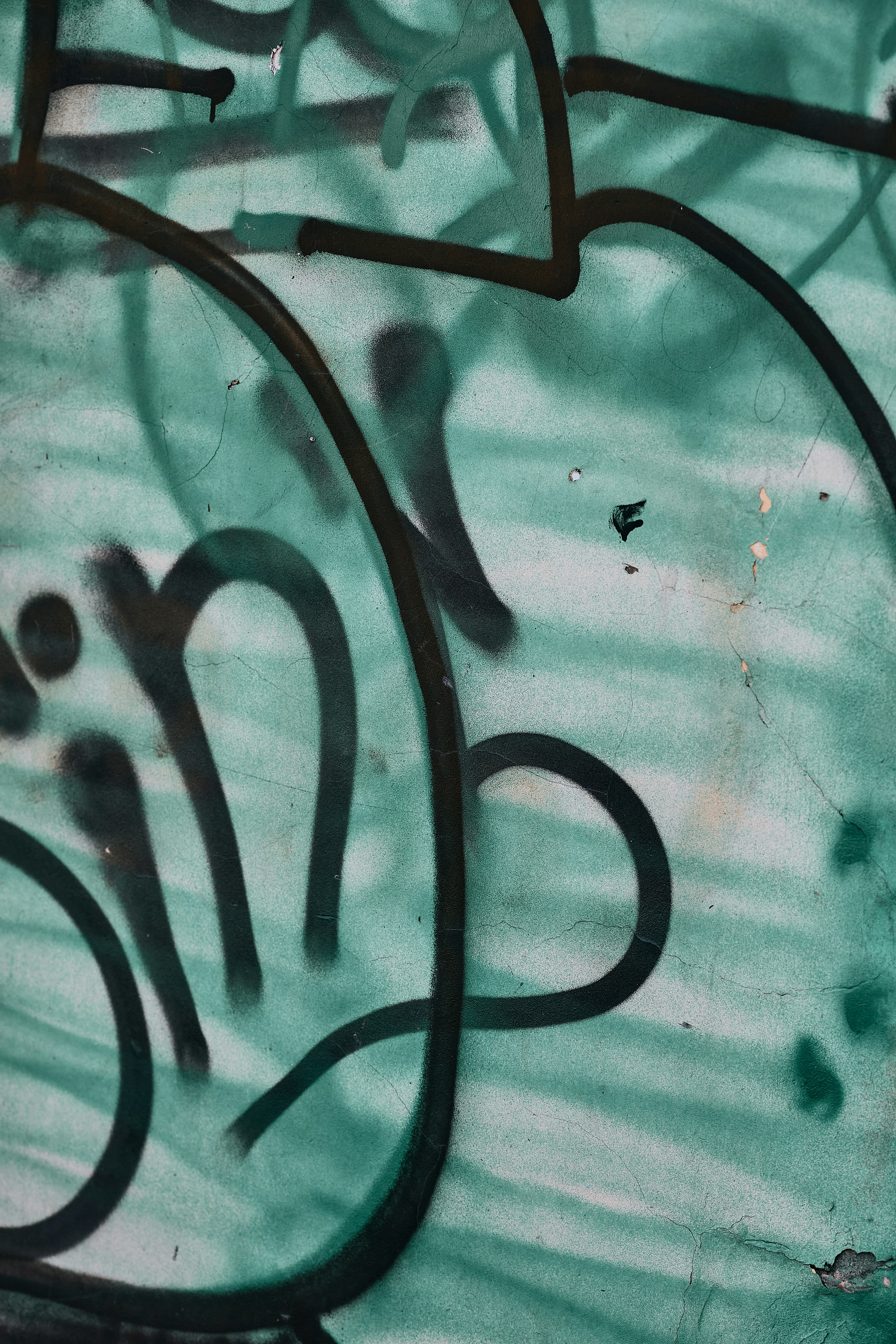 Graffiti with bold black lines over a textured green and white abstract background.