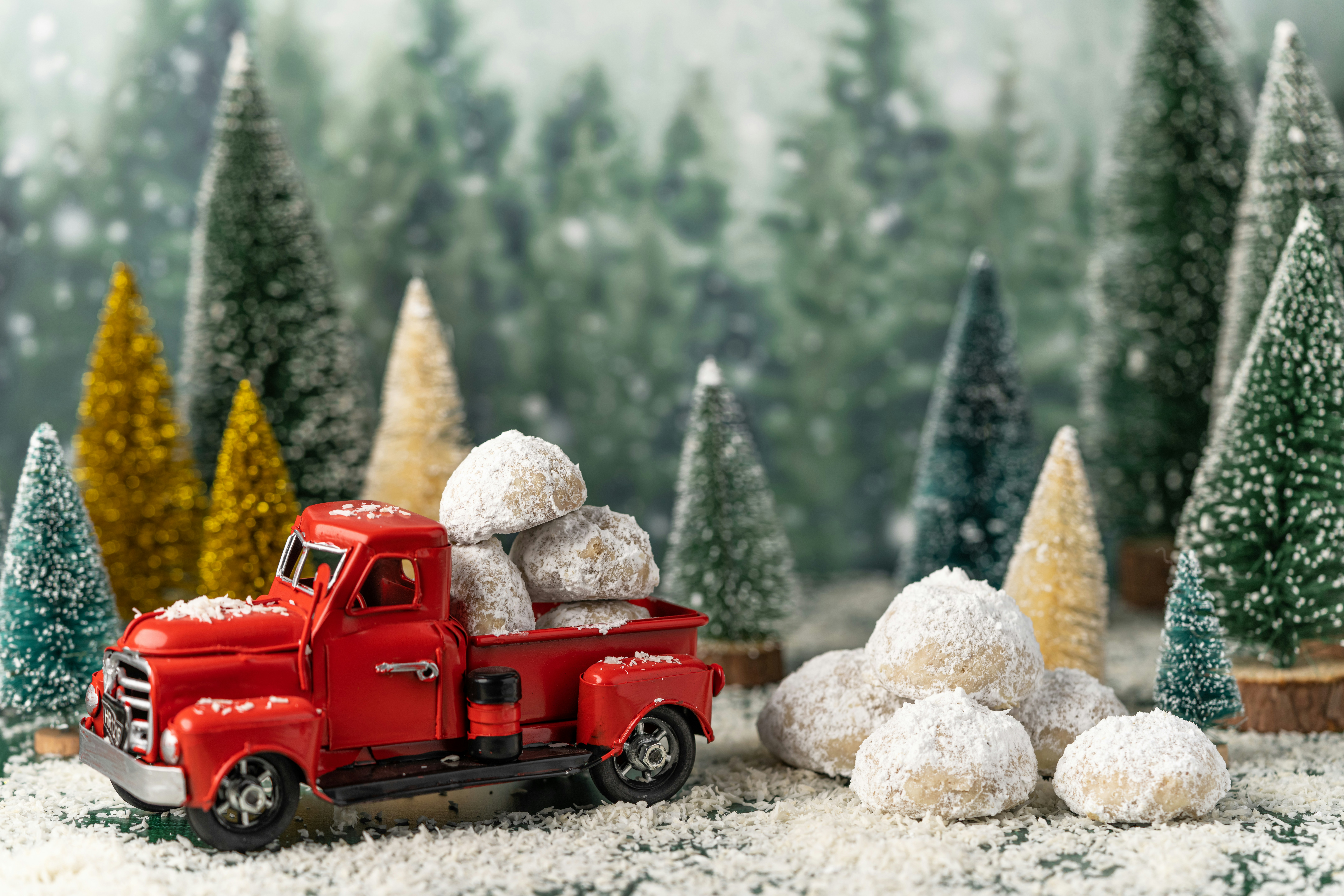 a red truck parked in front of a group of snow covered trees