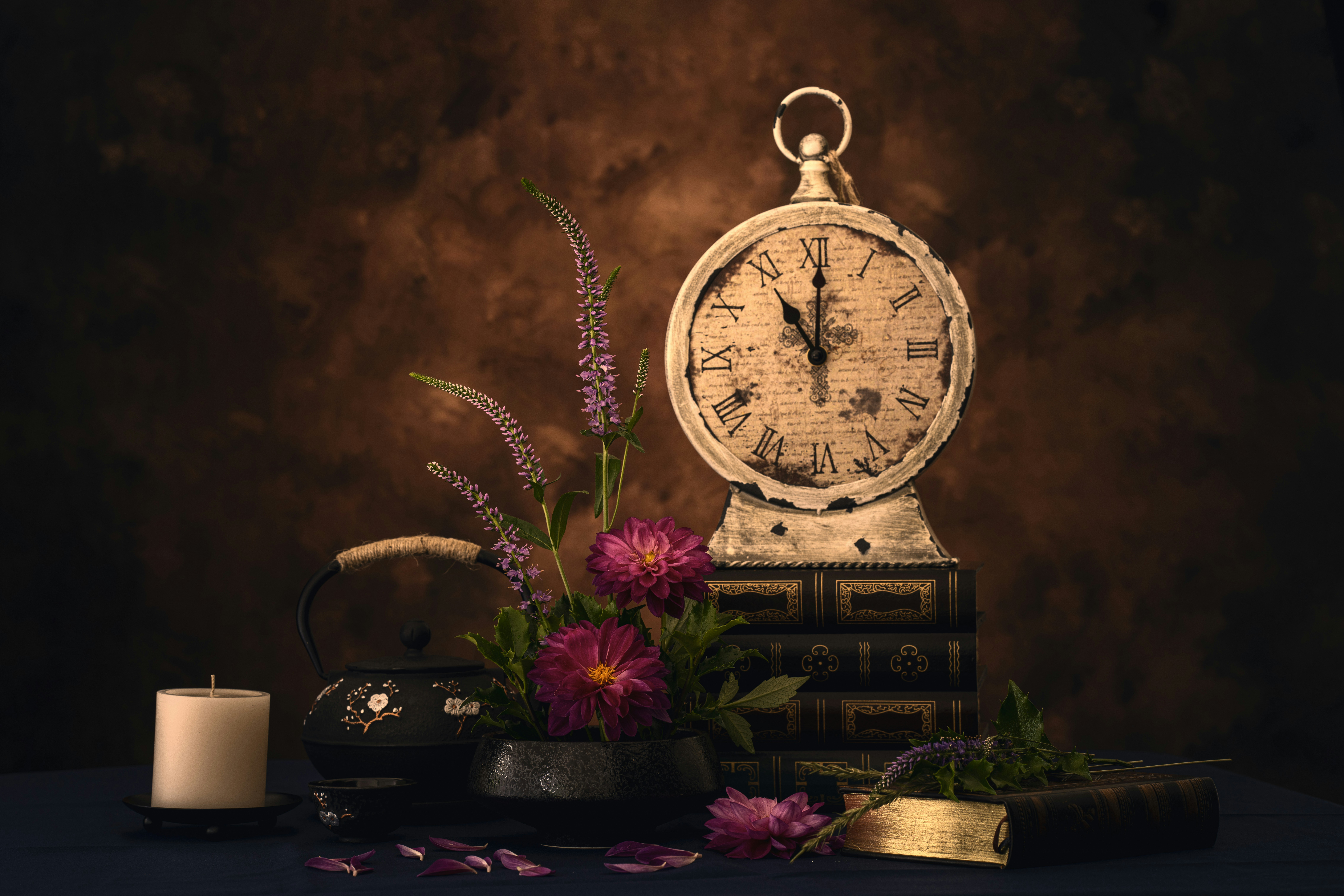 Timekeepers in Velvet Dusk: A Still-Life of Clock, Flowers, and Candle