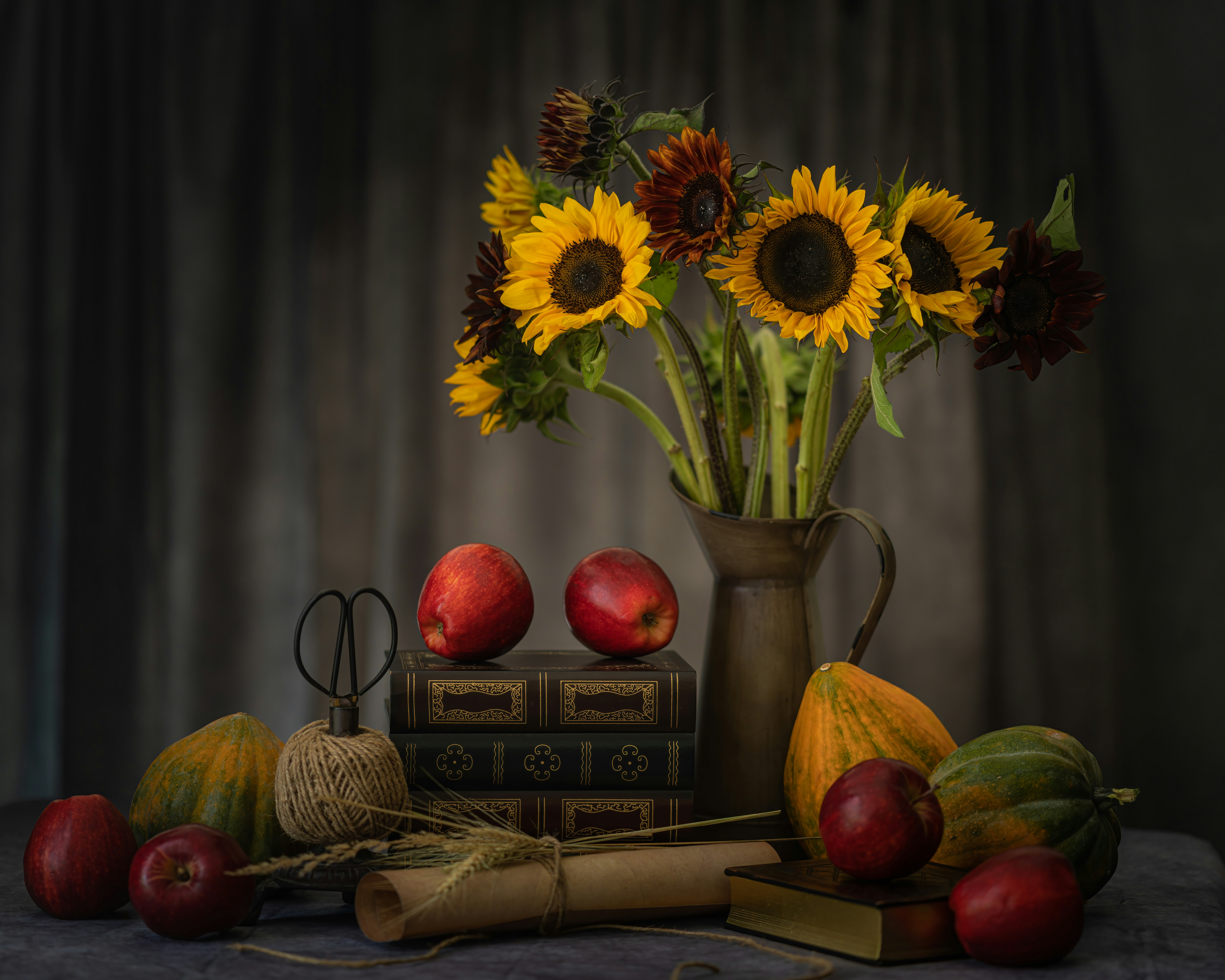 Sunflowers in a Shadowed Still Life: Harvest, Texture, and Quiet Light