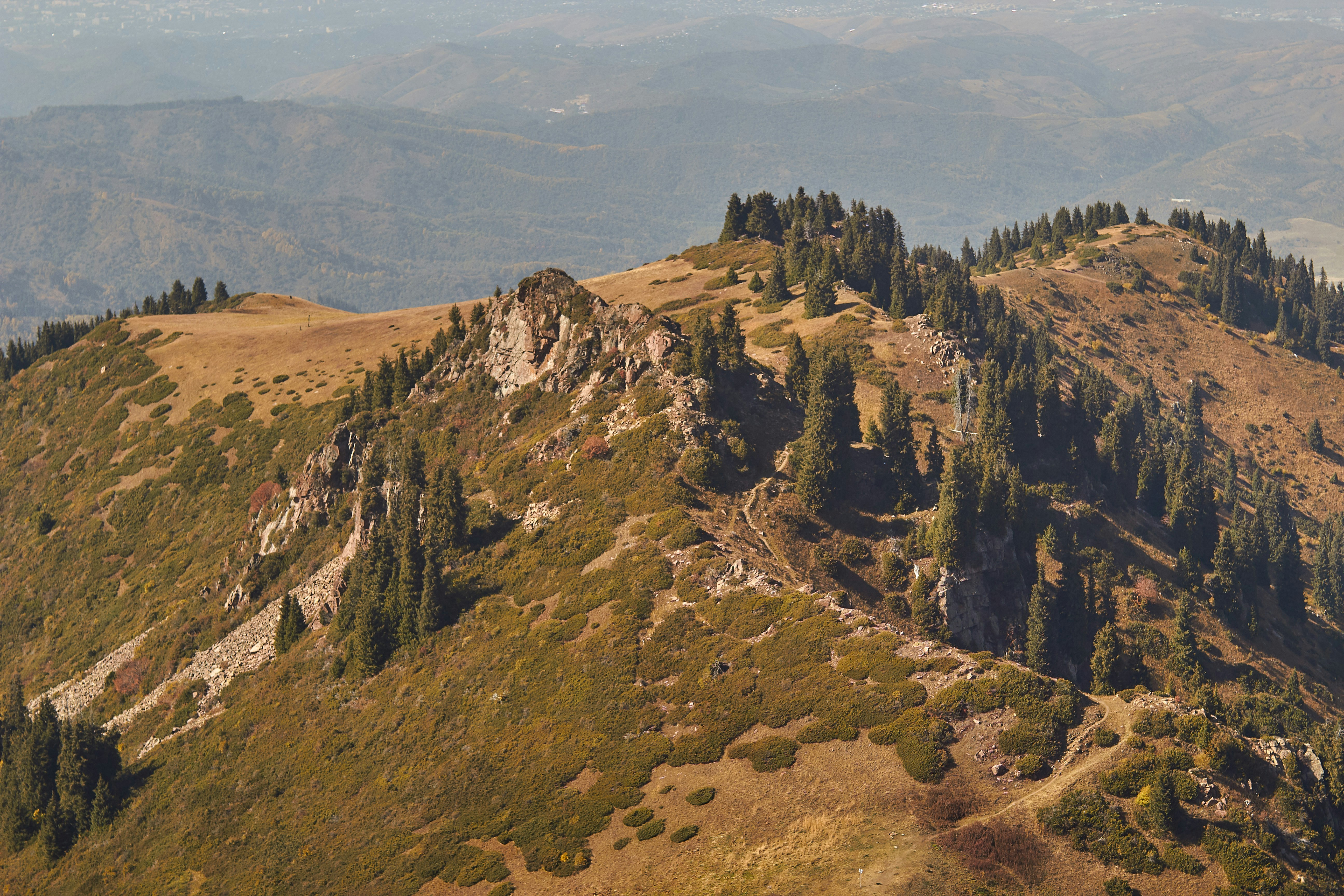 A rugged mountain ridge adorned with patches of greenery and scattered trees, showcasing the raw beauty of the landscape. The vast expanse of rolling hills stretches into the distance.