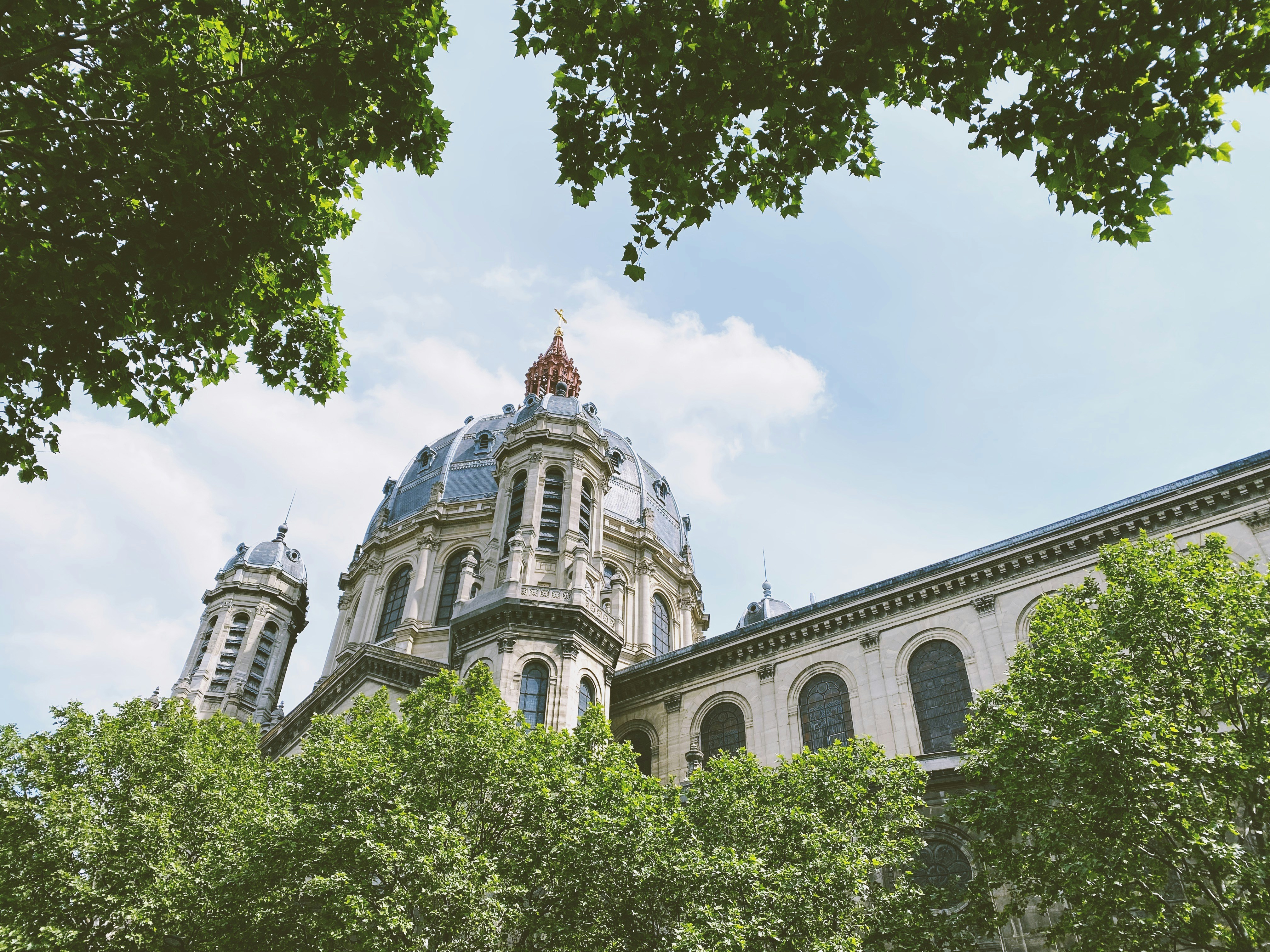 Cathedral Facade Framed by Verdant Canopy Under a Clear Sky