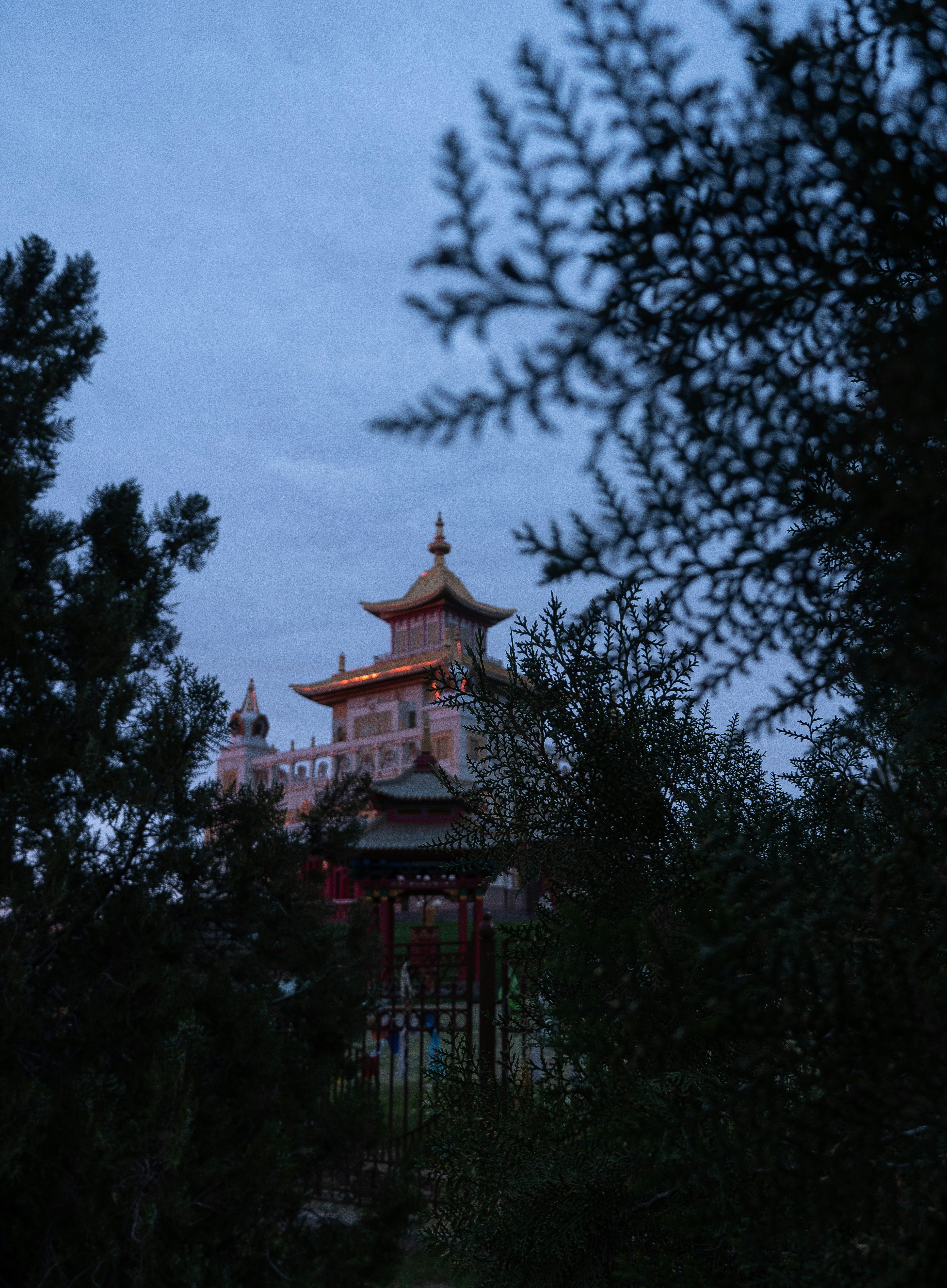 Blue Hour at a Hidden Pagoda Framed by Night Foliage