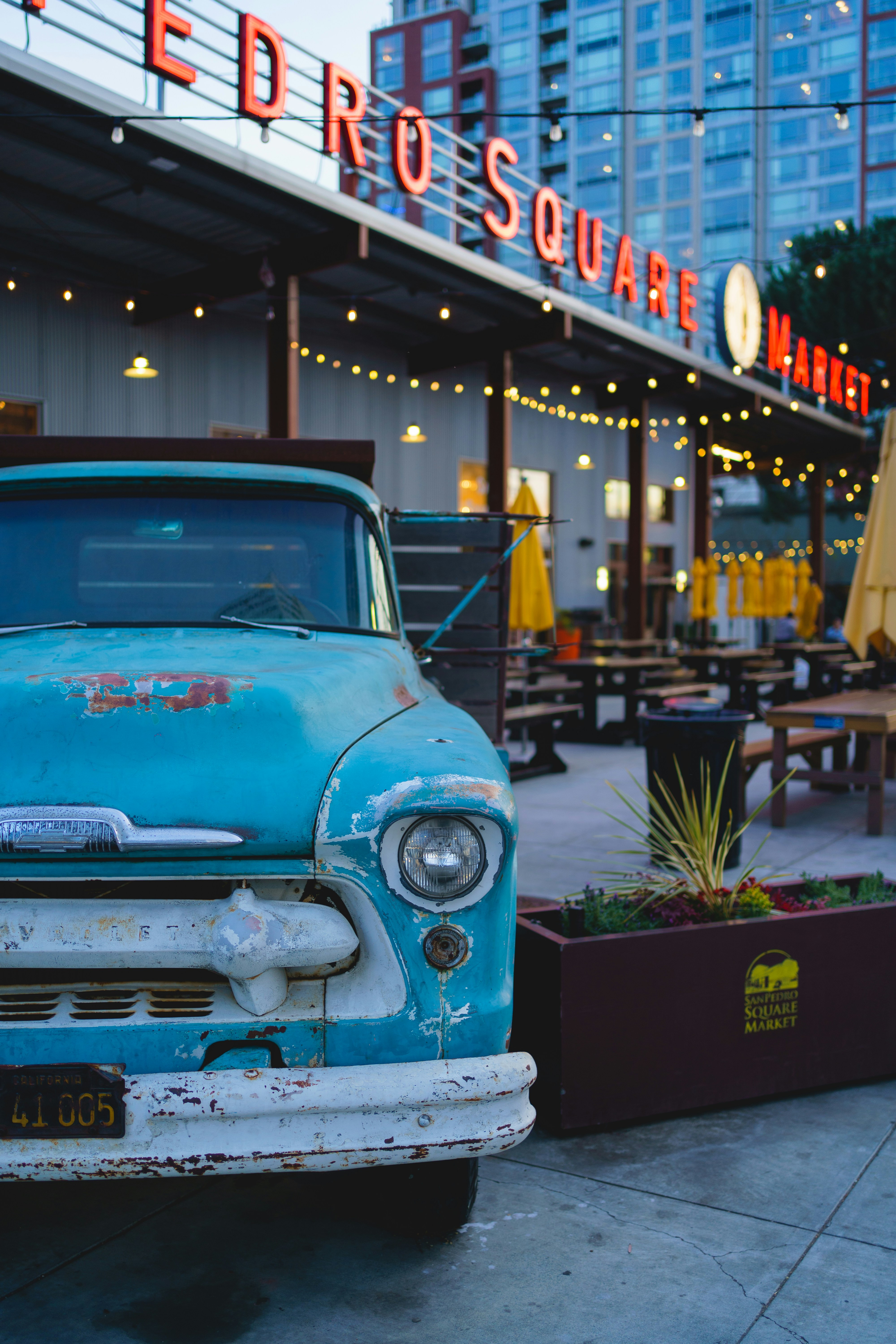 A blue truck in front of a restaurant photo – Free Downtown san jose ...