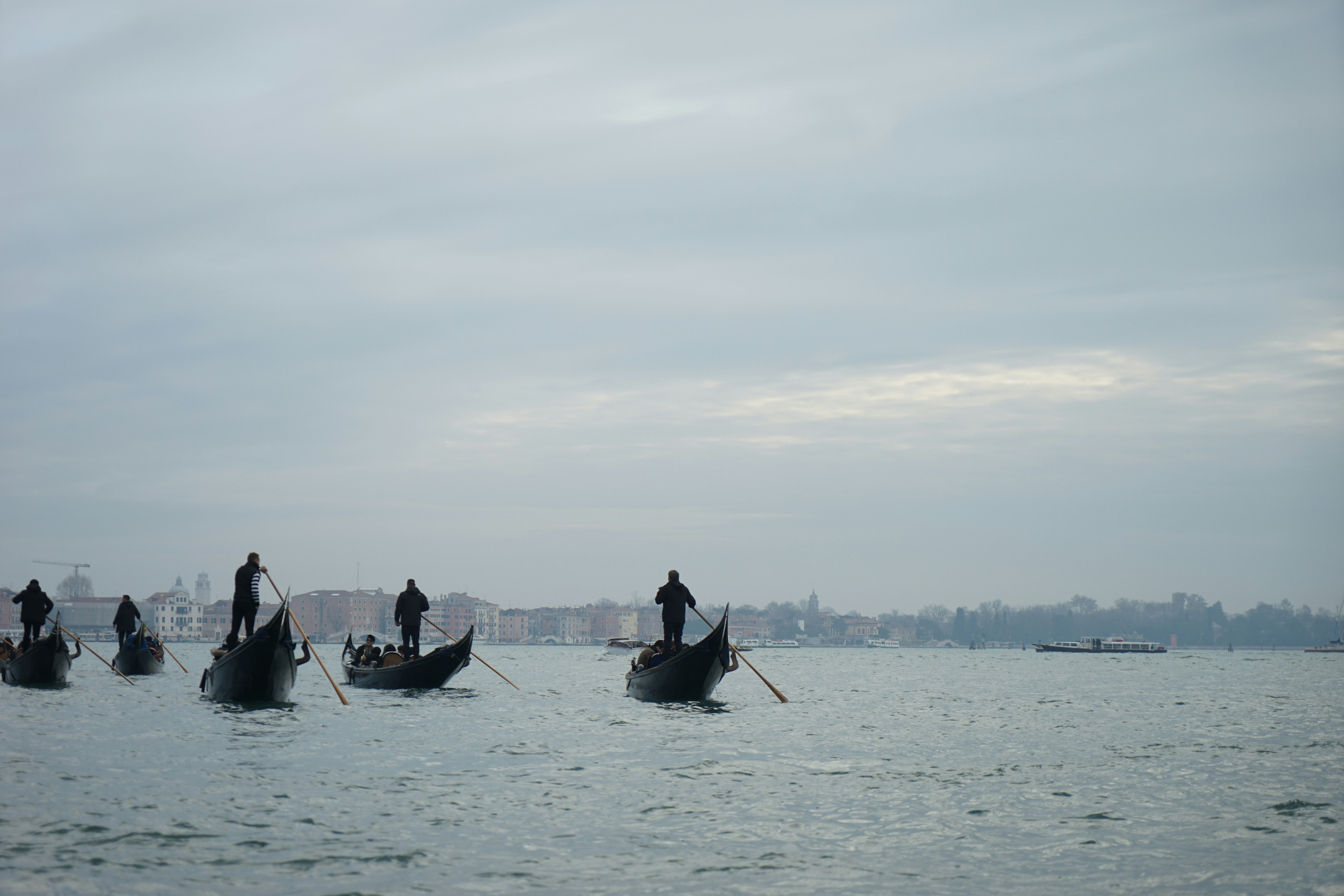 a group of people rowing boats