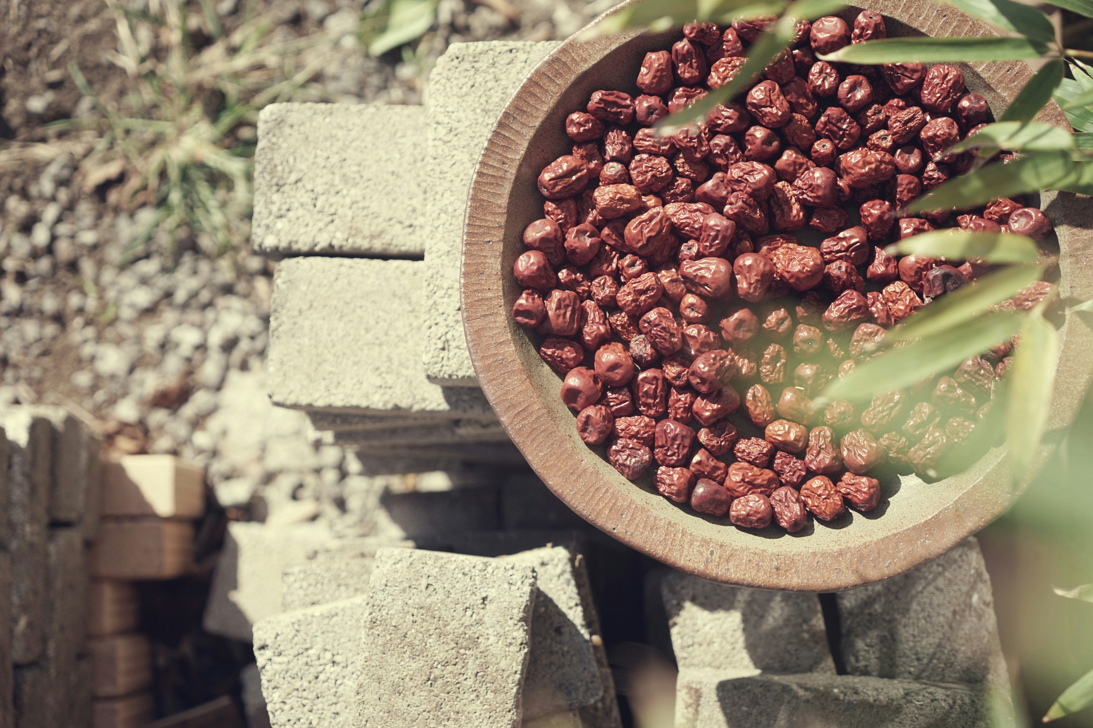 Clay Bowl of Red Stones Resting on Blocked Concrete