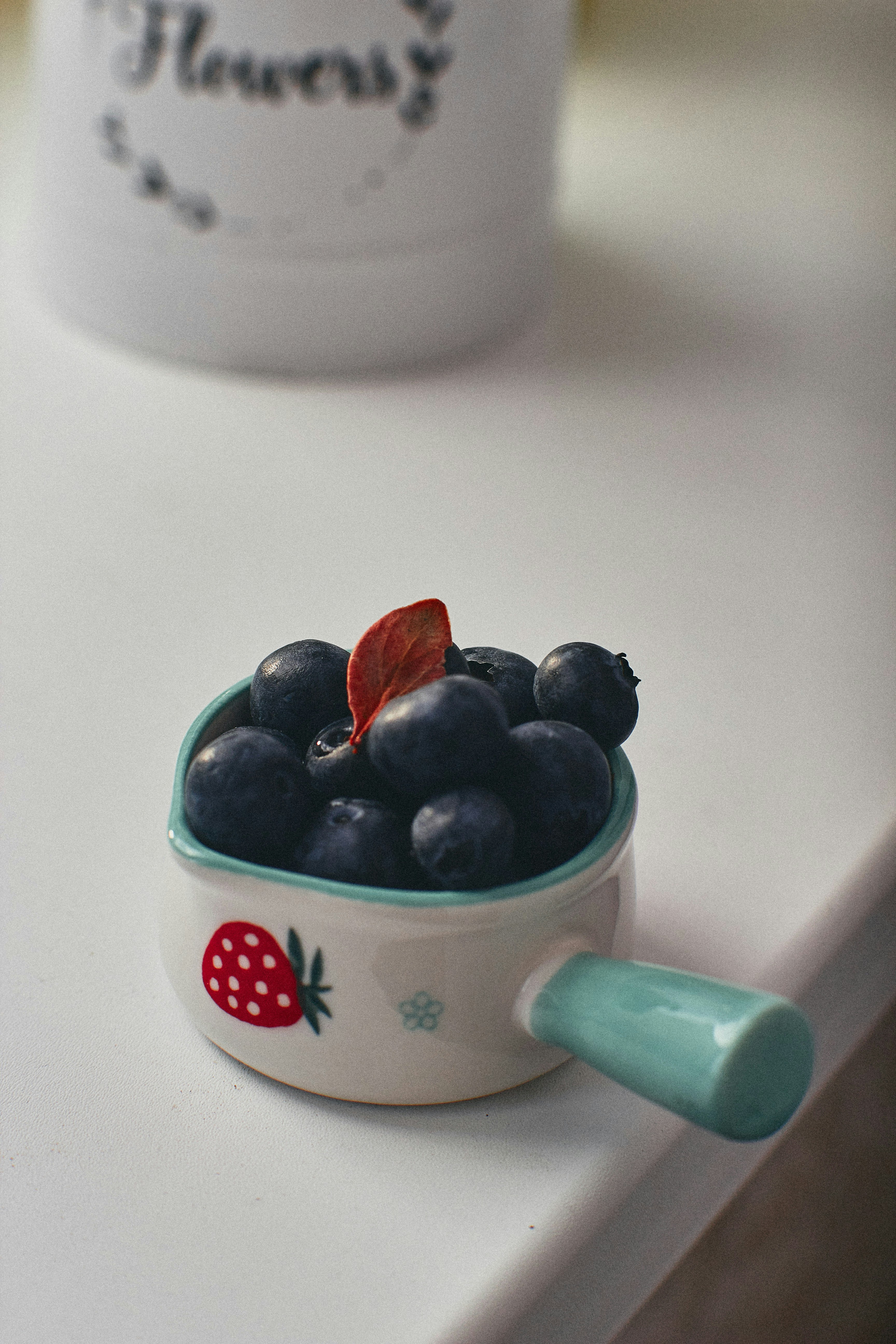 Bowl filled with fresh blueberries, adorned with a single red leaf, resting on a countertop beside a floral-themed container.