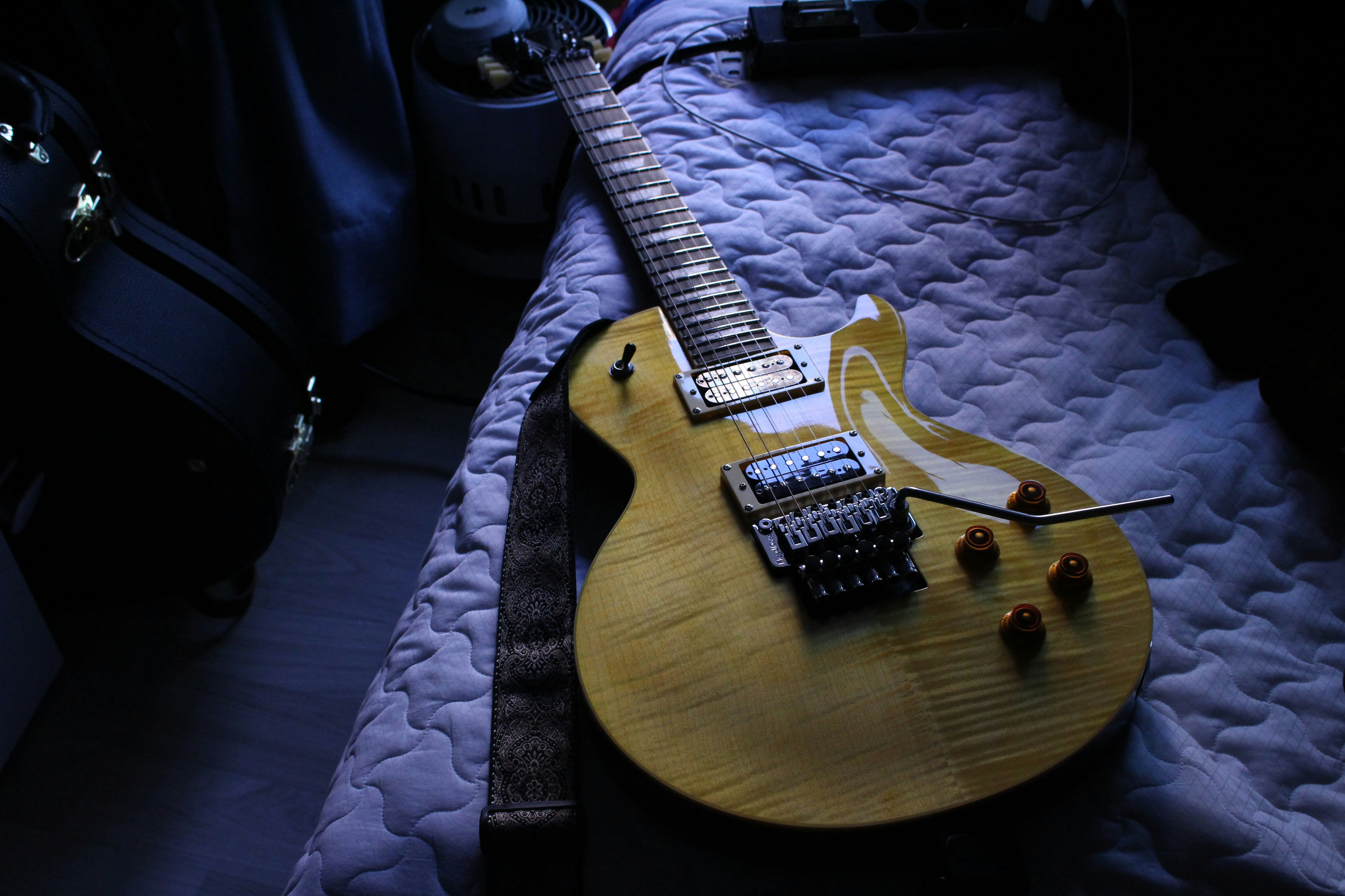 Sunlit Les Paul on a Quiet Indigo Quilt