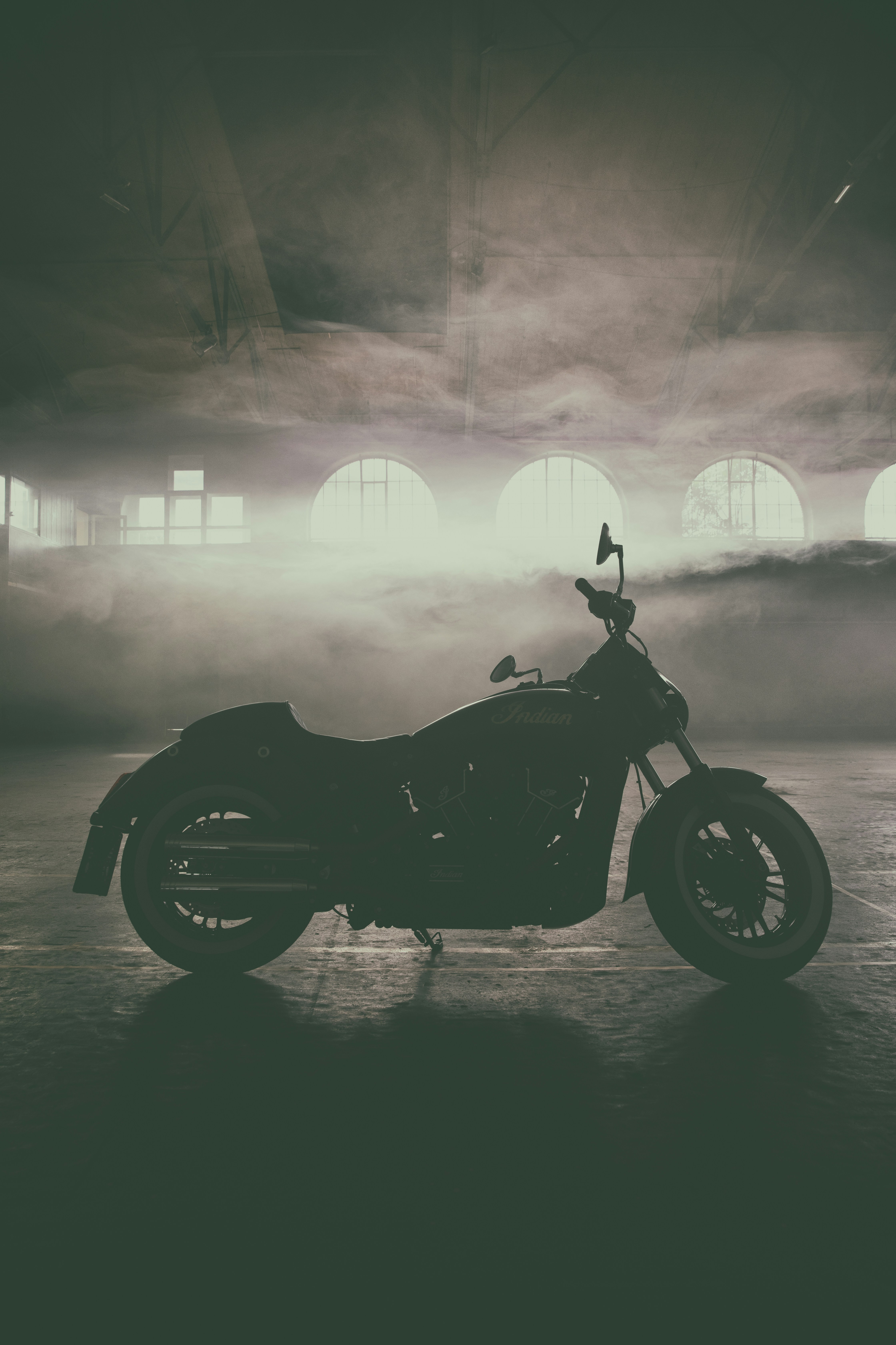 Indian Scout motorcycle inside a former factory hall