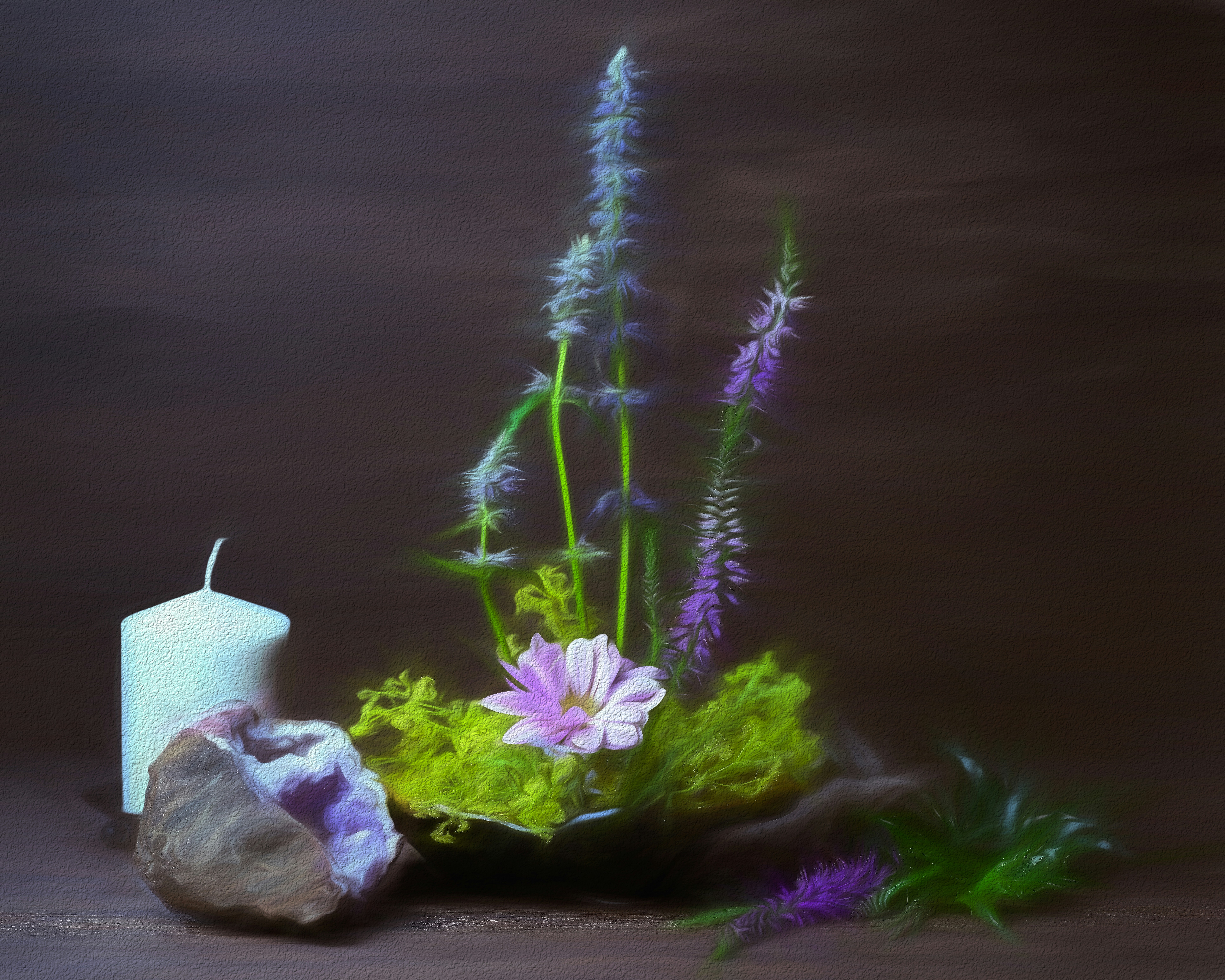 Candlelit Quiet: Violet Spires Rising from Moss and Stone