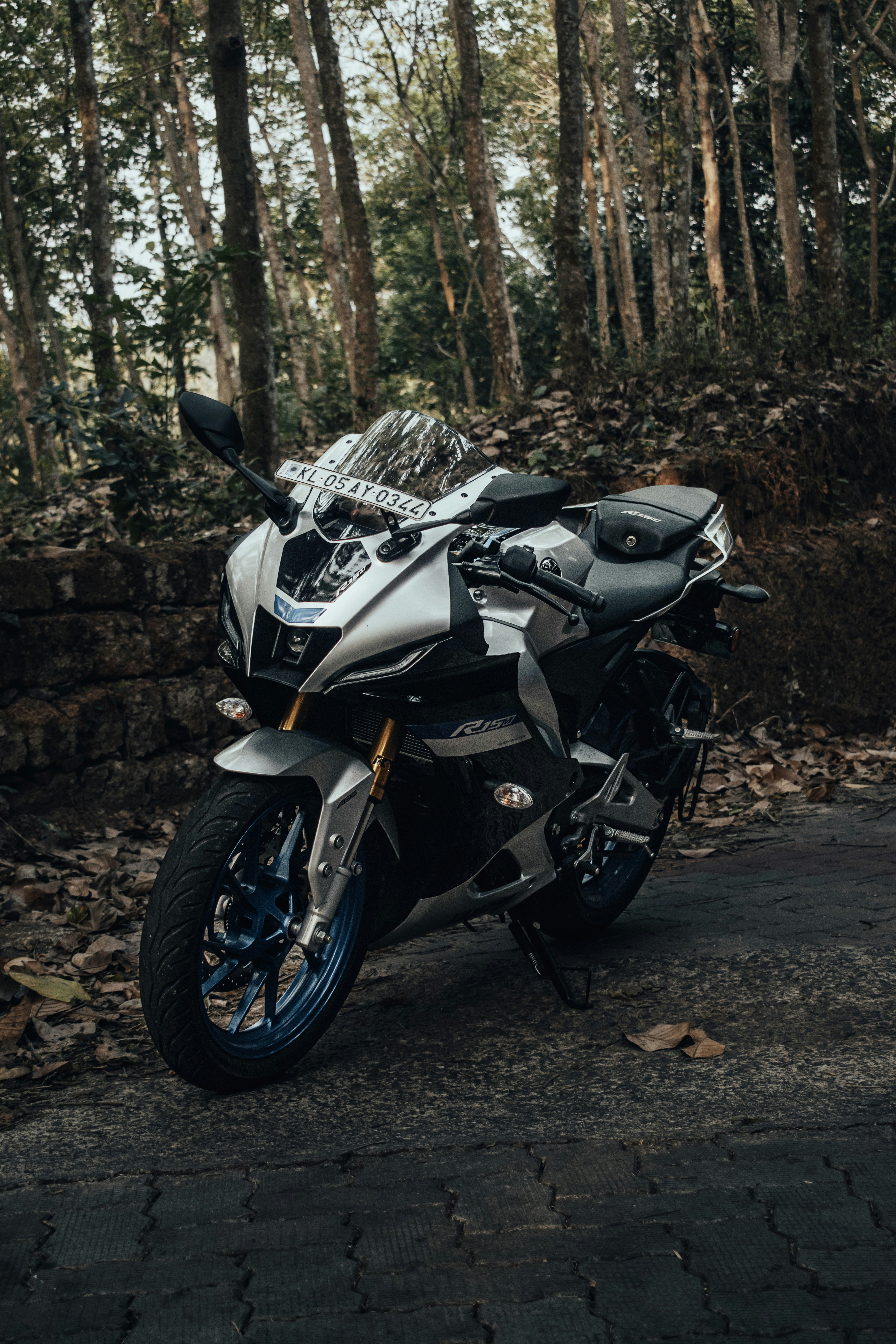 Sleek motorcycle parked on a leaf-strewn path, surrounded by a lush forest backdrop. The design showcases a blend of modern aesthetics and engineering.
