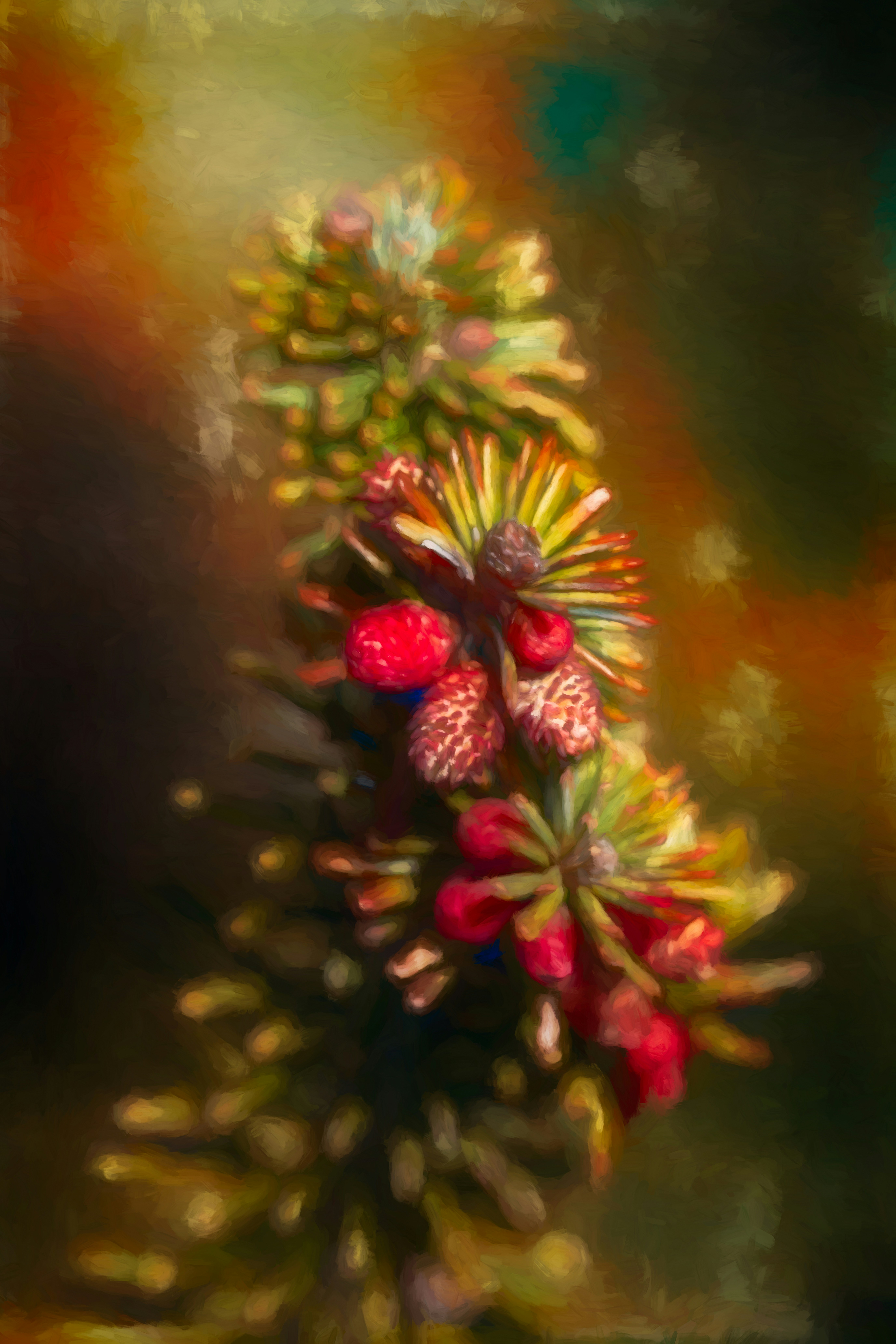 a close up of a pine cone with berries on it