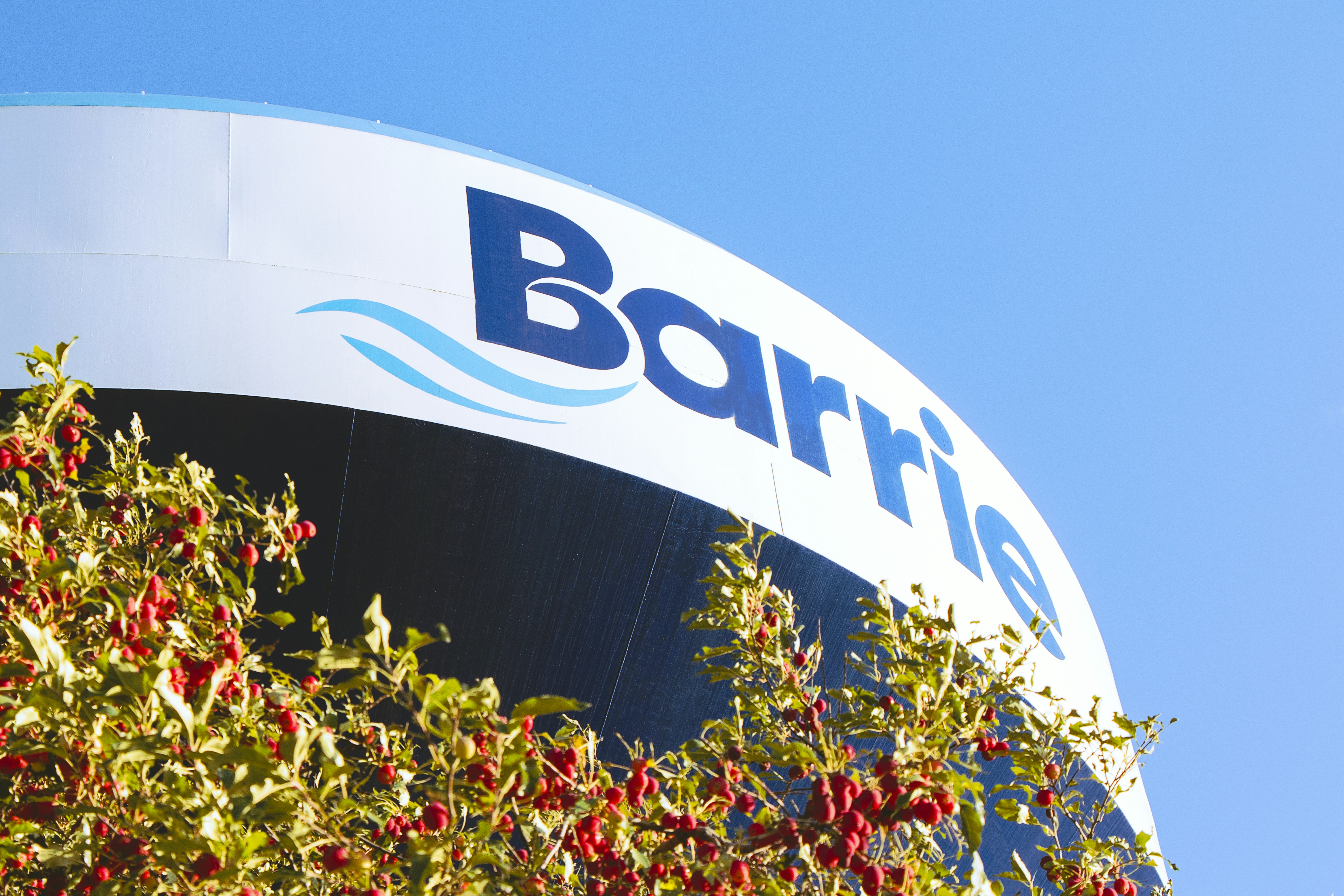 Building facade with 'Barrie' logo, framed by branches with red berries against a clear blue sky.