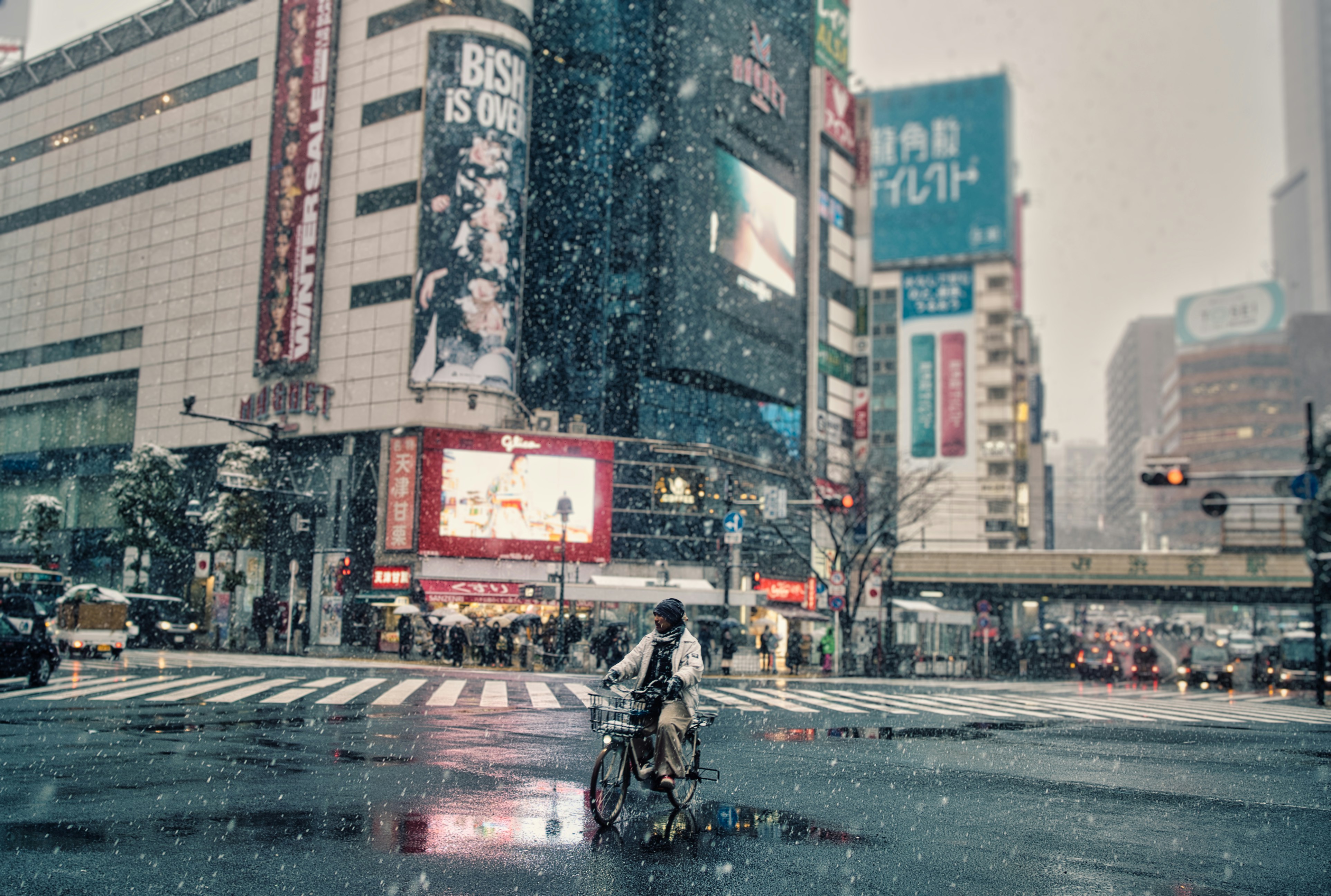 Neon Rain Crossing: A Cyclist Navigates a Wet Cityscape Beneath Towering Billboards