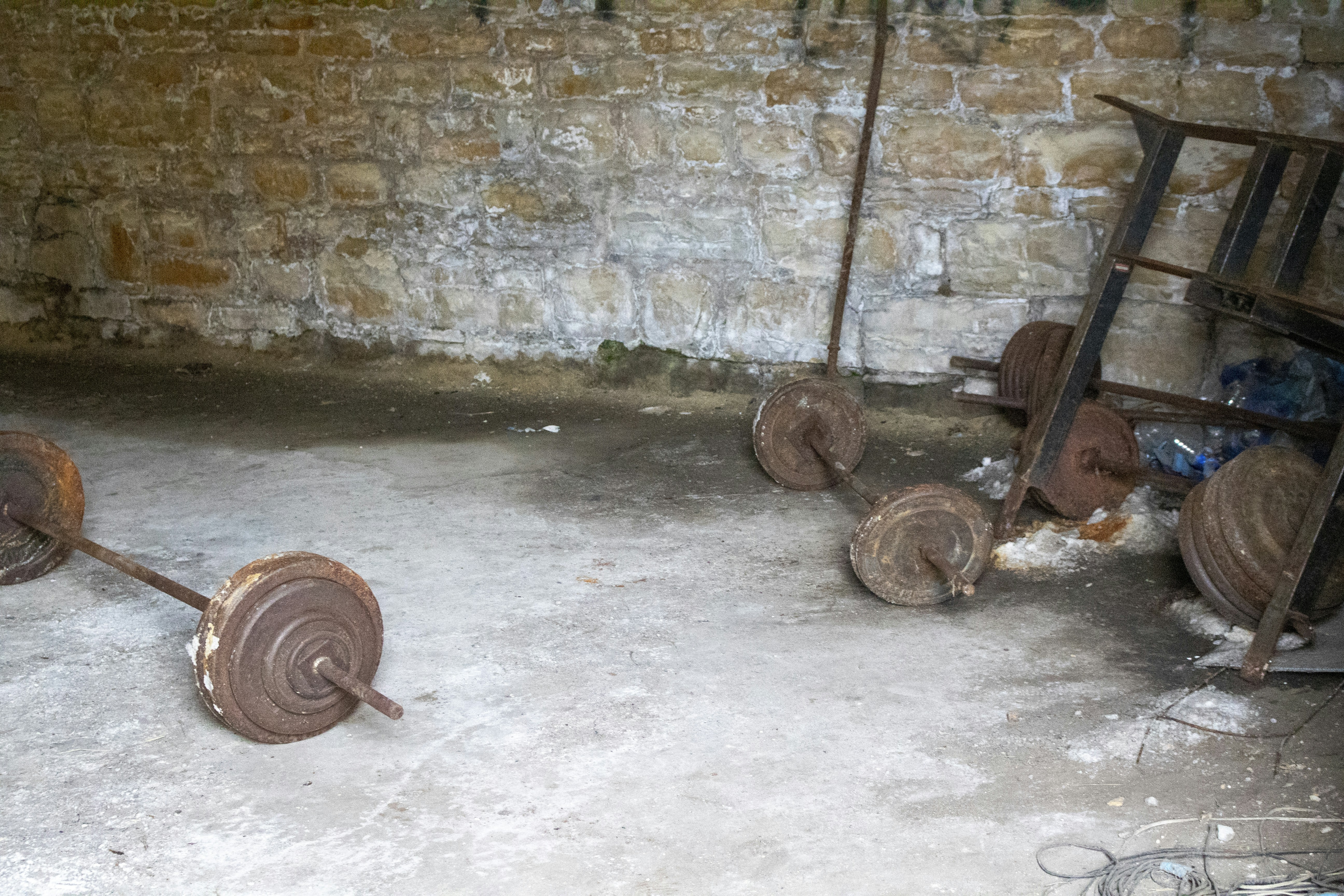 Echoes of Iron: Rusted Dumbbells Rest on a Cold Basement Floor