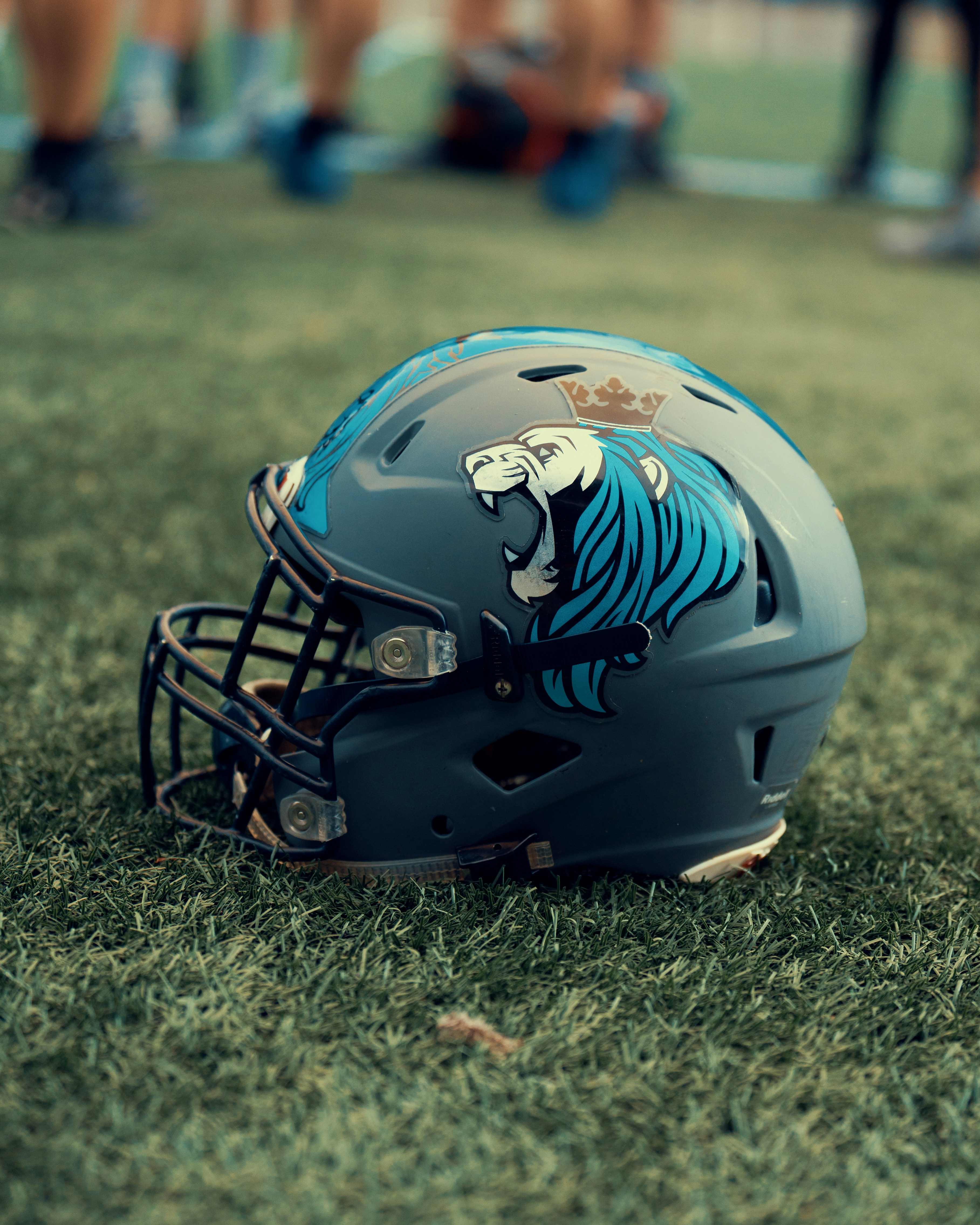 Blue Tiger Helmet Resting on a Sunlit Football Field