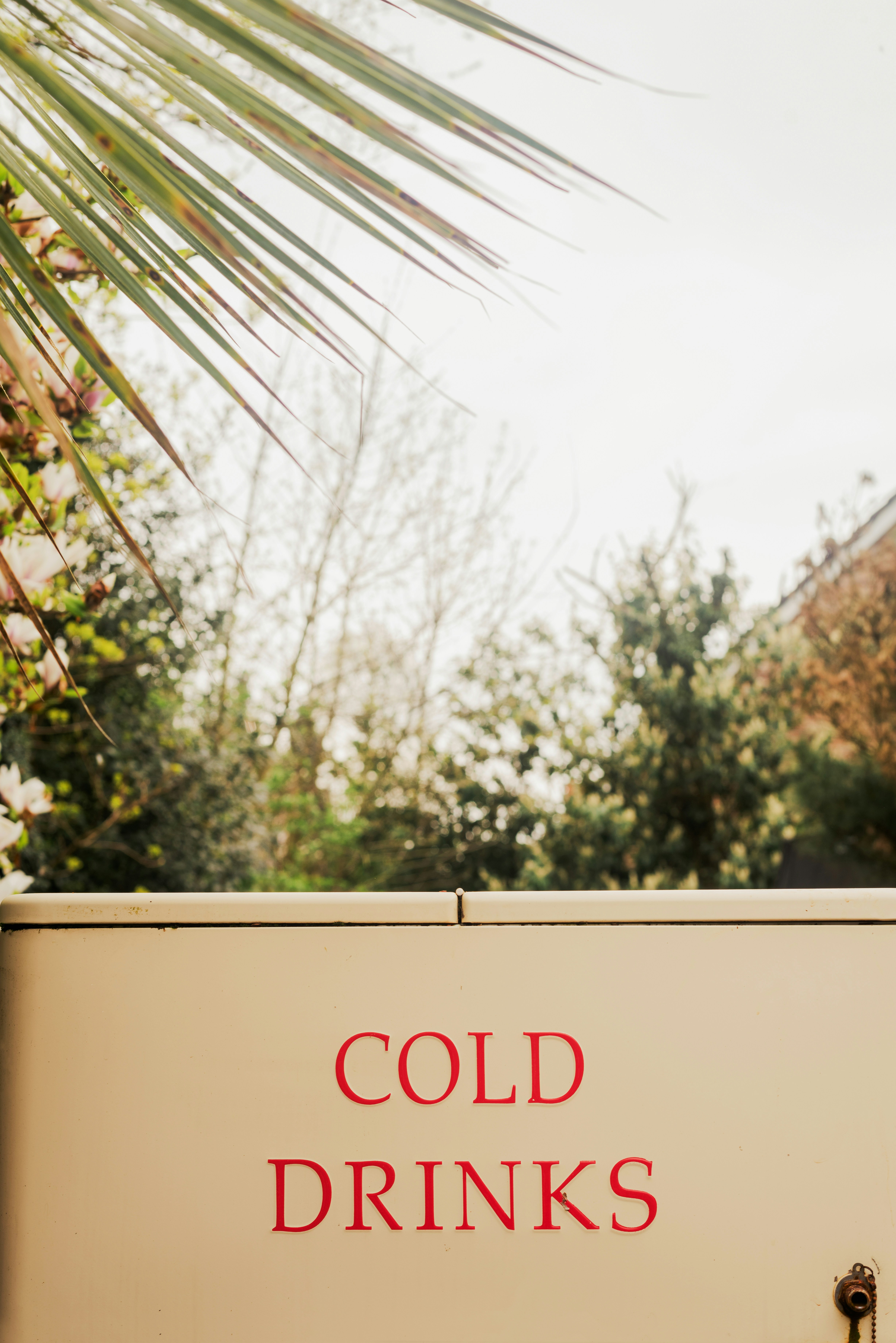 Beige outdoor sign with bold red 'COLD DRINKS' lettering, set against a softly blurred garden background.