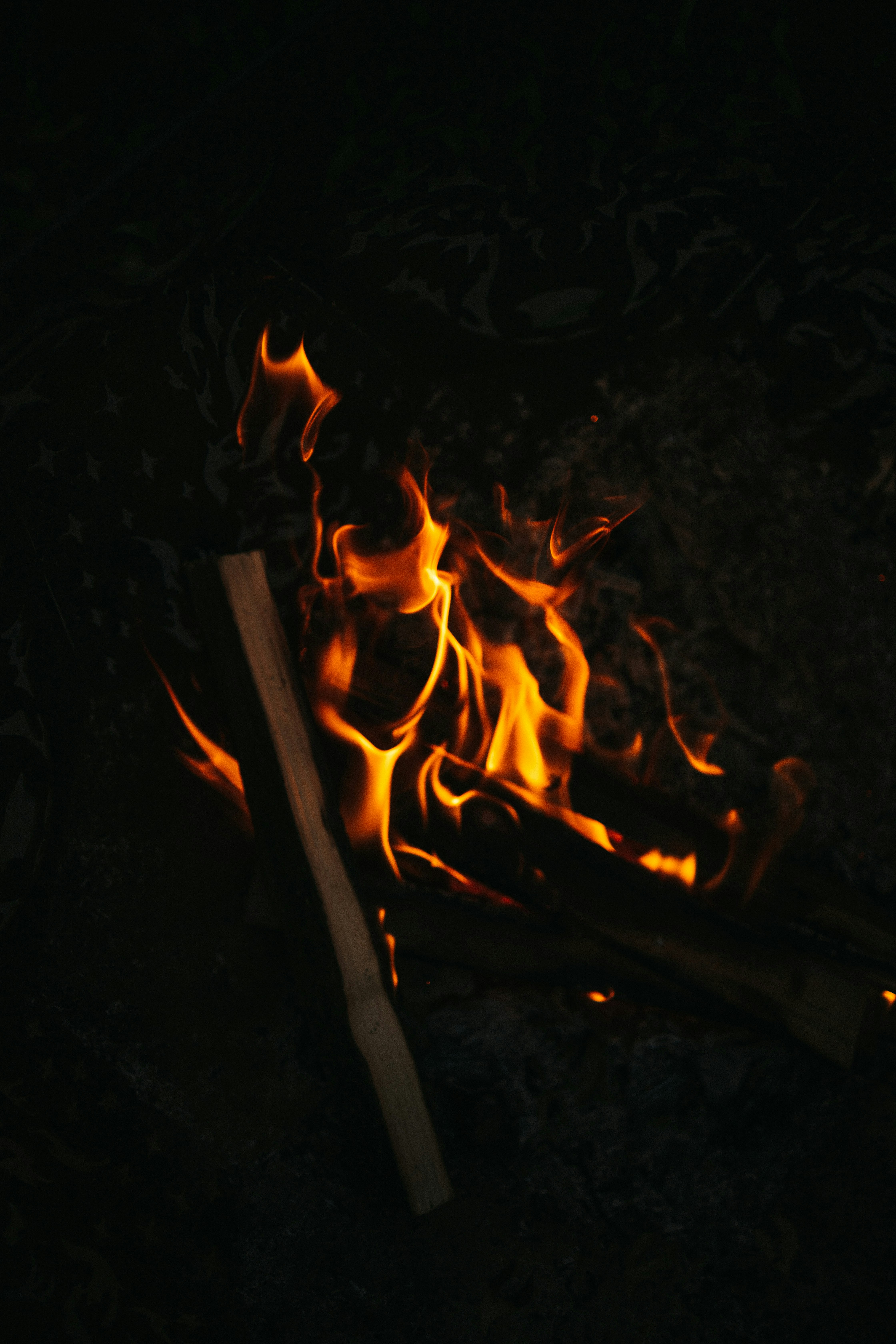 Flickering flames rise from a small campfire, casting a warm glow against the darkness. The scene captures the essence of a cozy outdoor gathering.