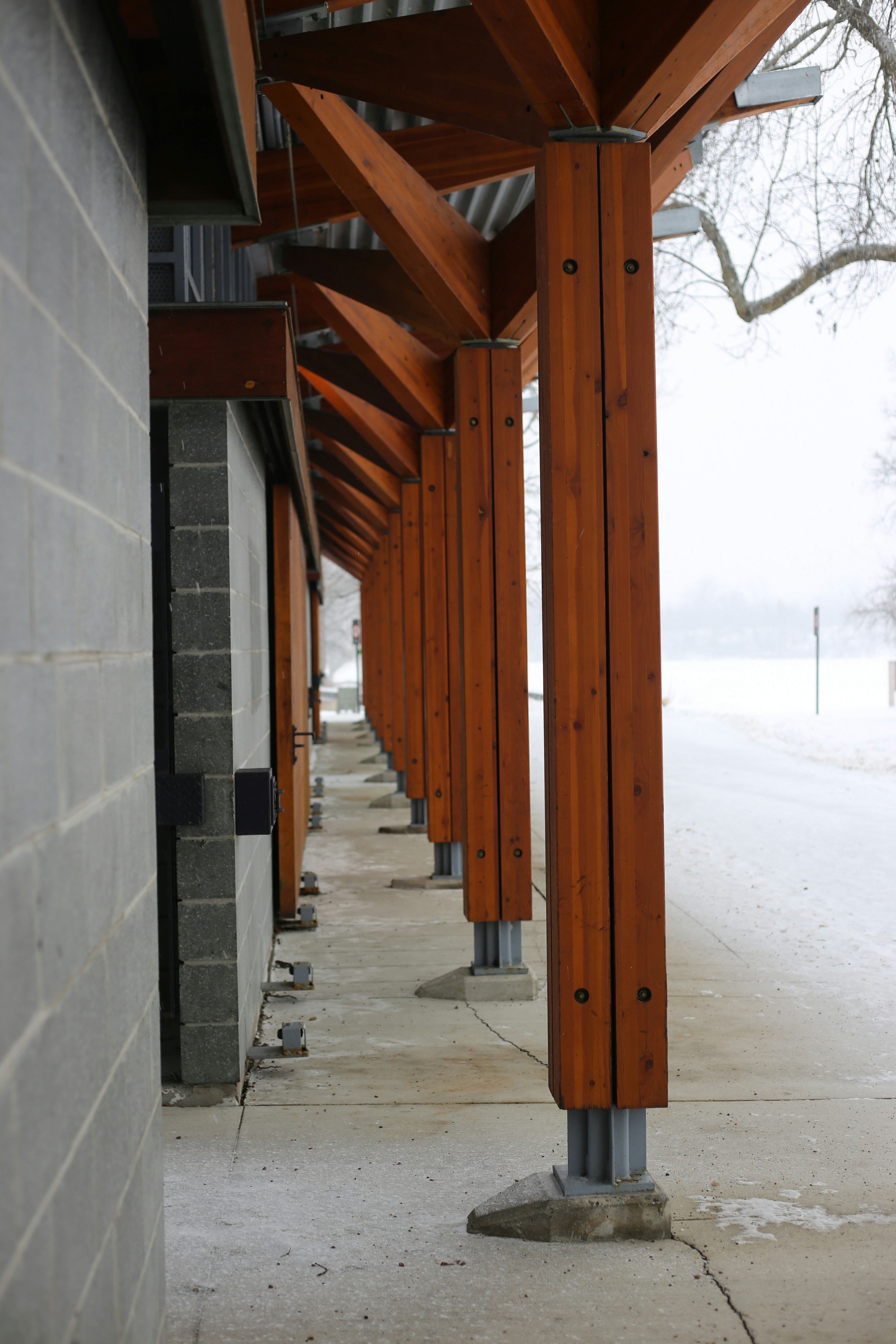 Marching Colonnade: Winter Light Along a Wooden Corridor