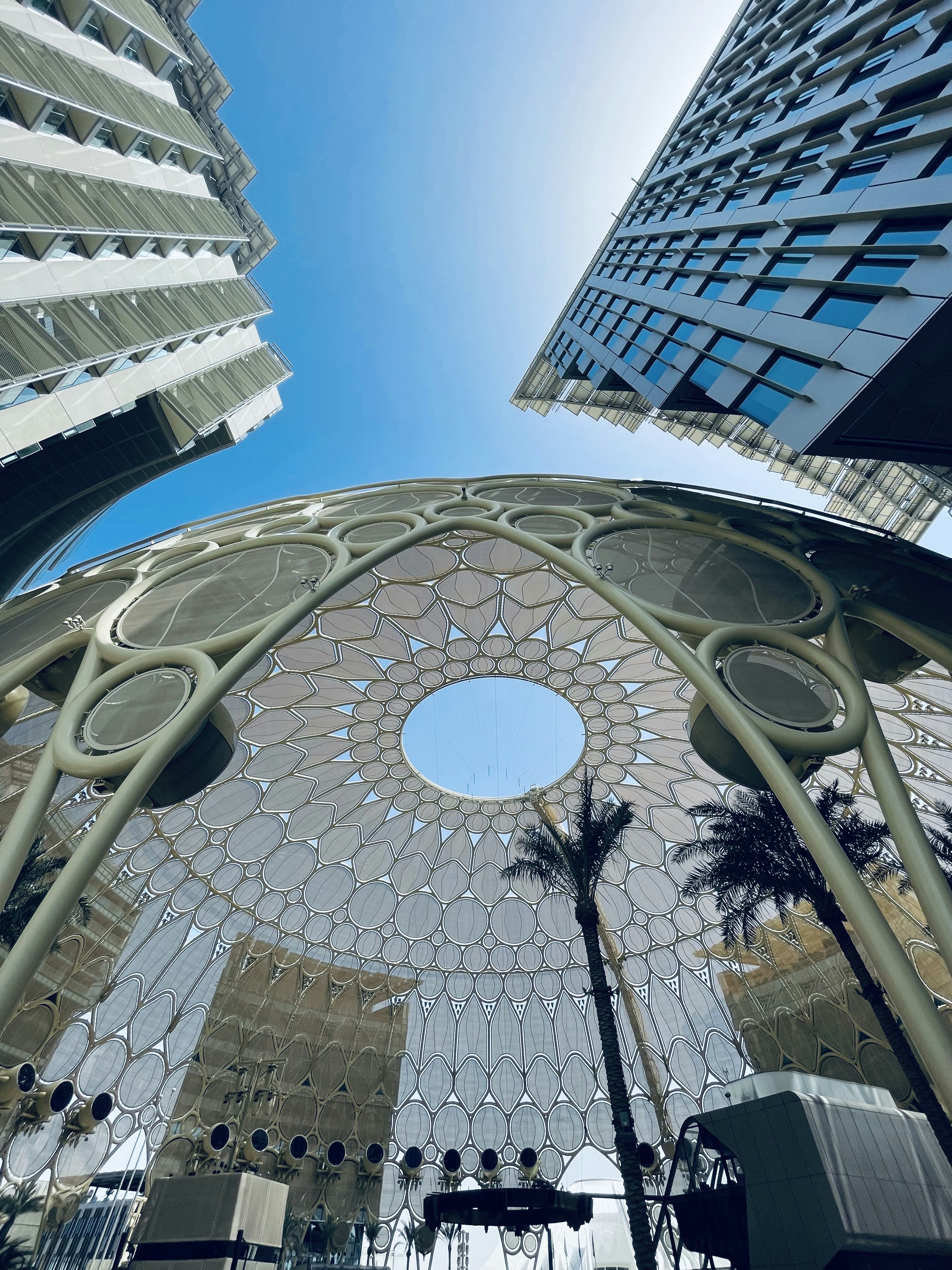 Concentric Ring Arch Framing the Sky Between Glass Towers