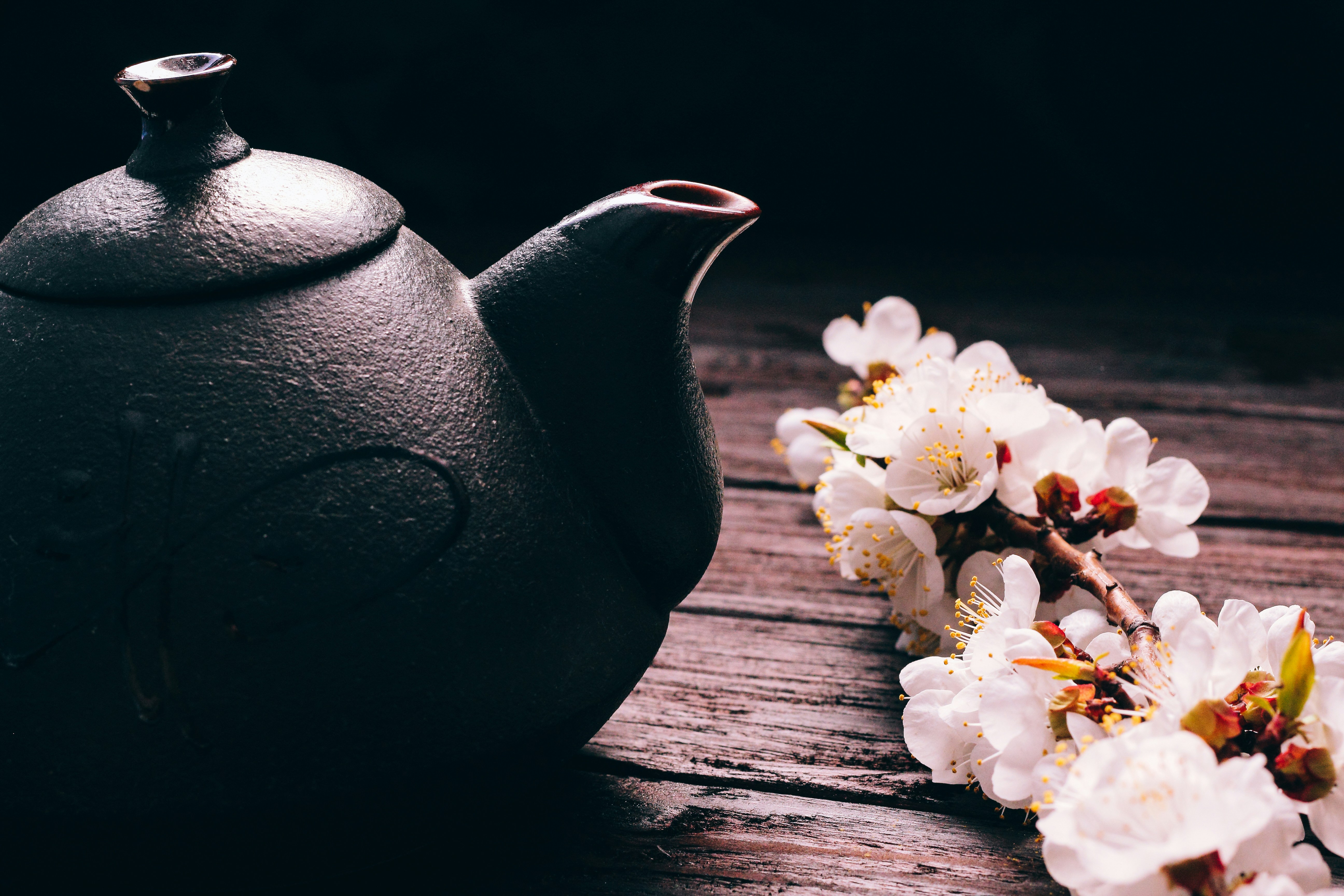 Elegant cast iron teapot beside delicate cherry blossoms on a rustic wooden surface.