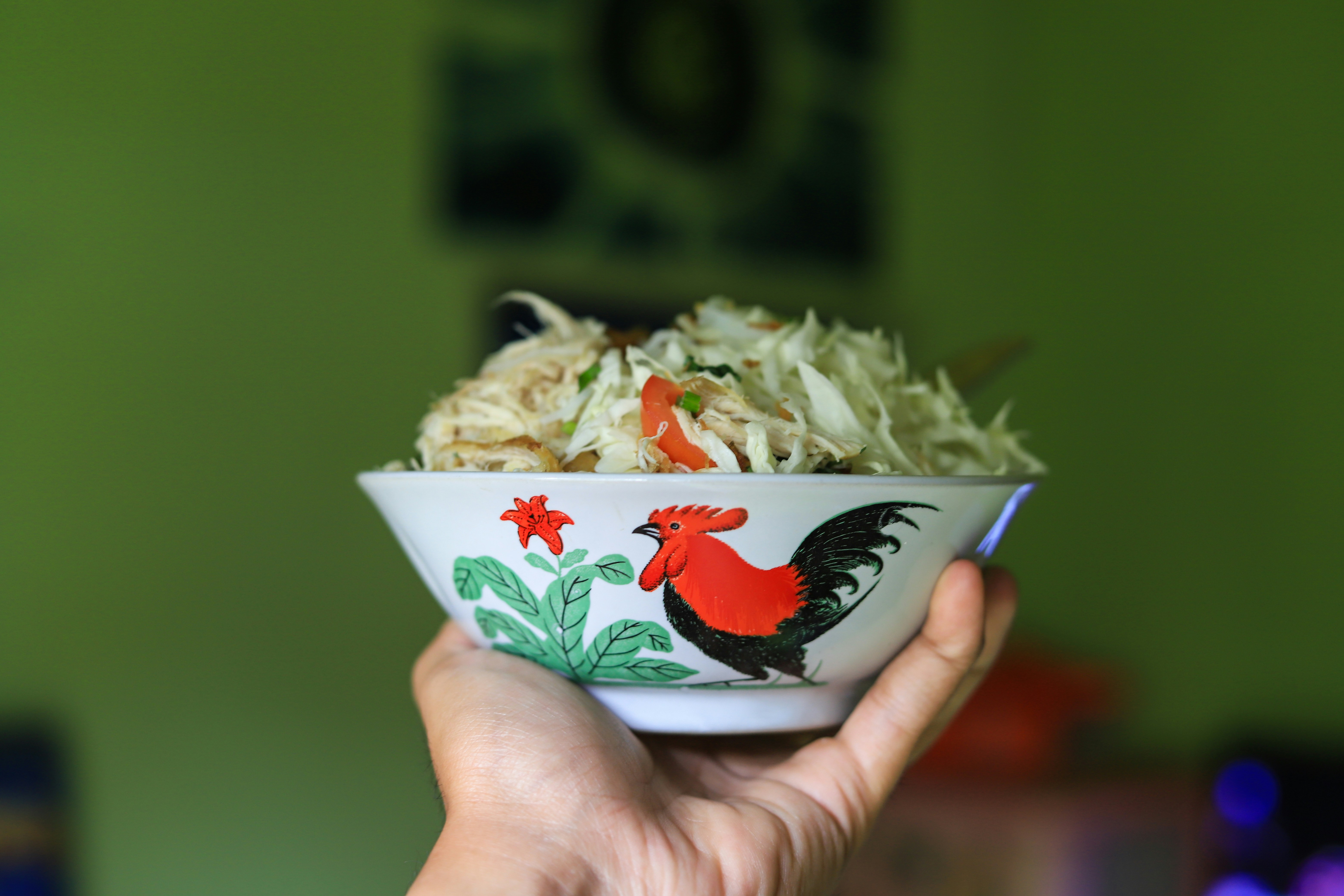 Rooster-Decorated Ceramic Bowl Cradled by a Soft Green Backdrop